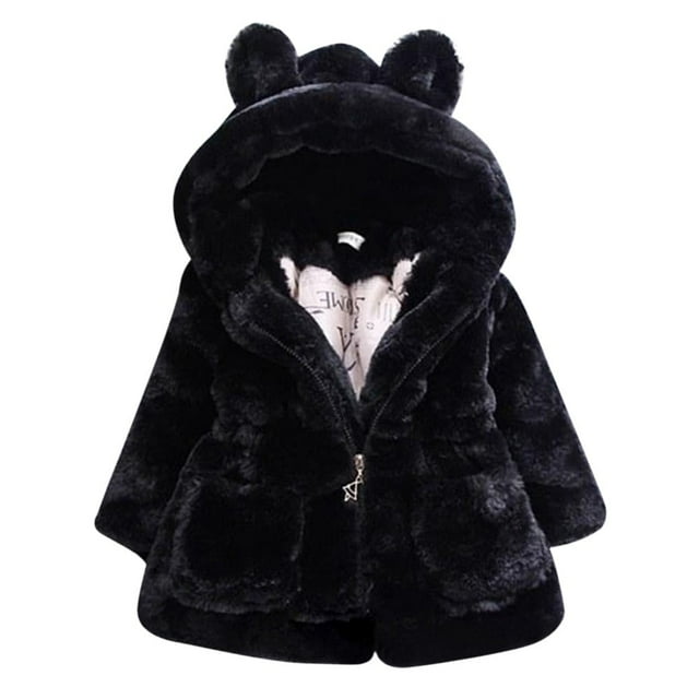 Baywell Toddler Girls Winter Fleece Coat Kids Hooded Faux Fur Jacket Baby Warm Outwear Black 5 ...