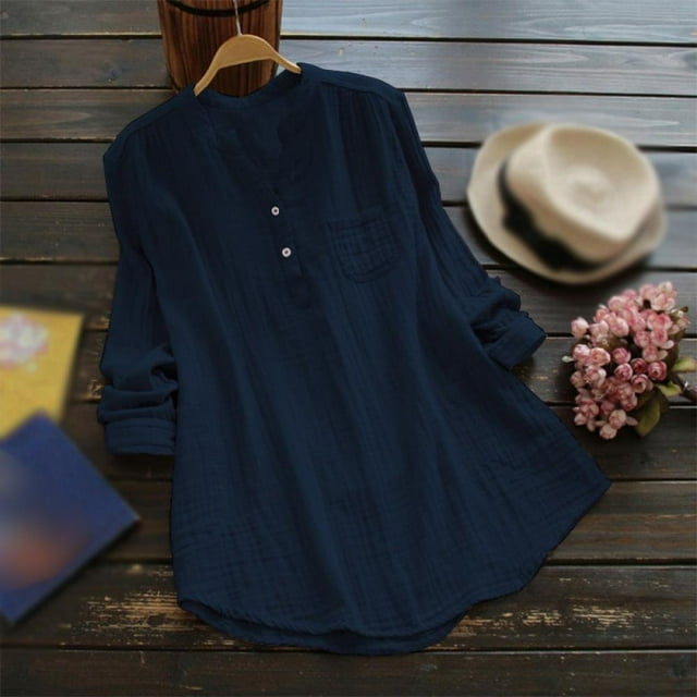 Baywell Women Button Down Blouse V Neck Long Sleeve Shirts Roll Up Cuffed Sleeve Casual Tops