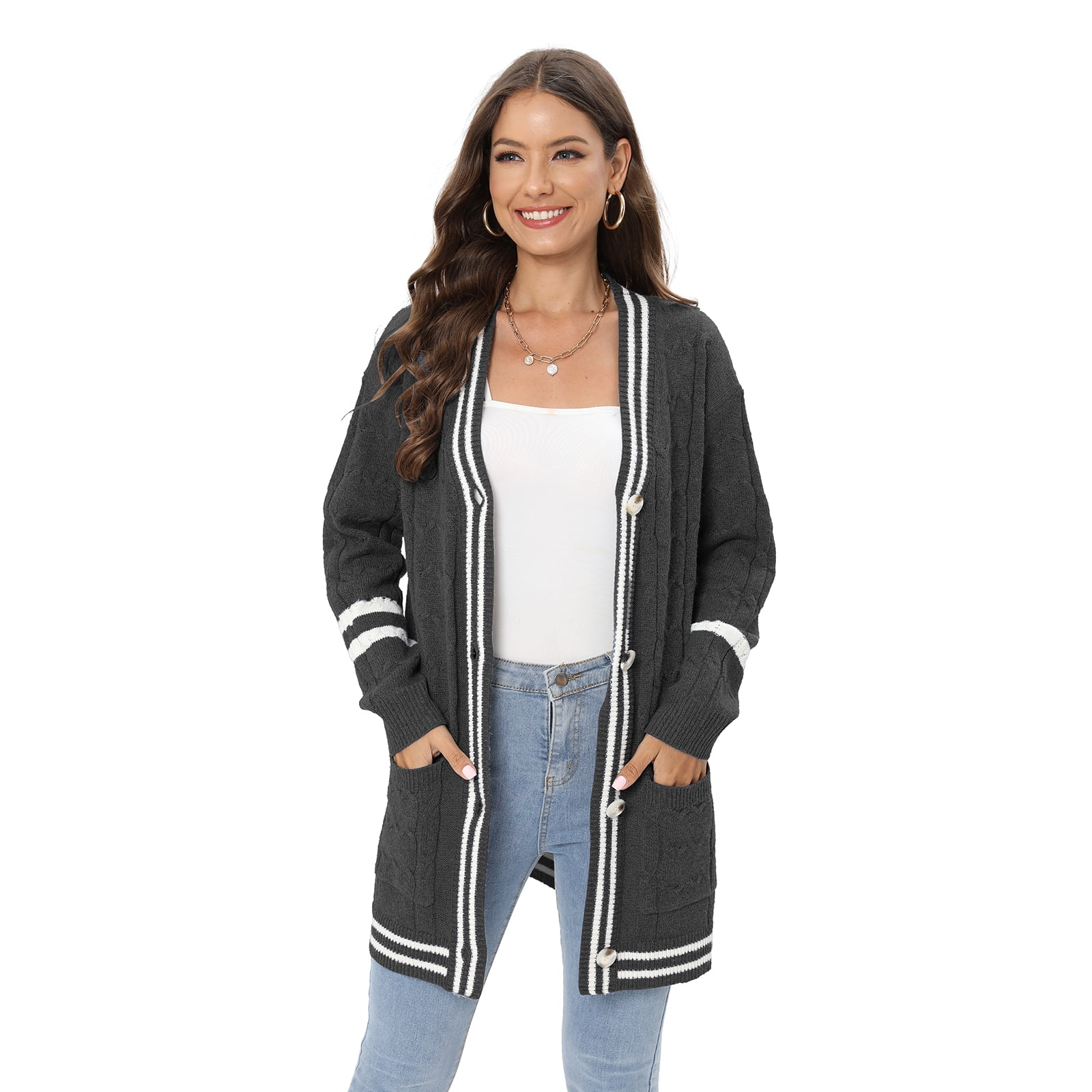 Baywell Women Open Front Cardigan Sweater Button Down Knit Sweater Coat ...