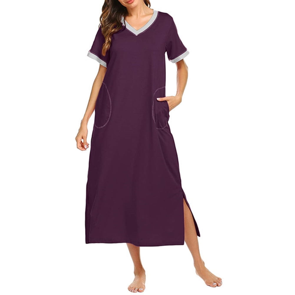 Baywell Women's Long Nightgown Short Sleeve V Neck Side Slit Nightdress ...