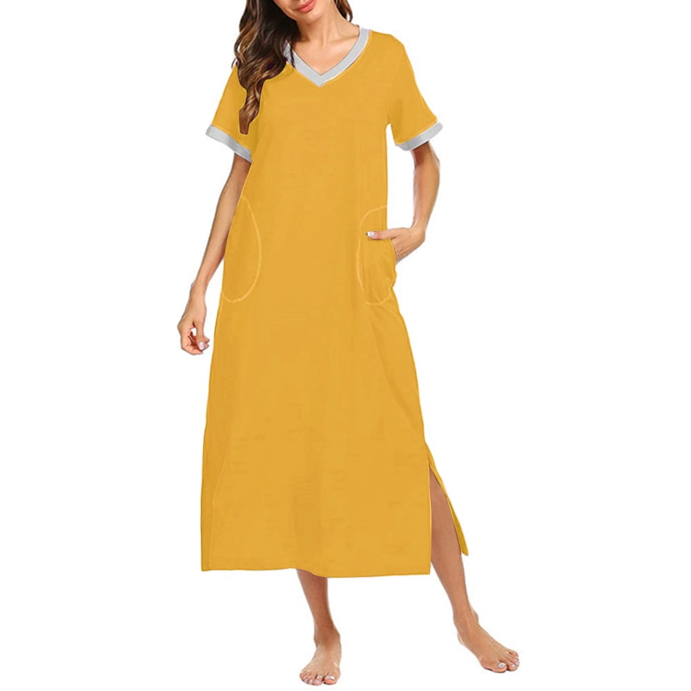 Baywell Women's Long Nightgown Short Sleeve V Neck Side Slit Nightdress ...