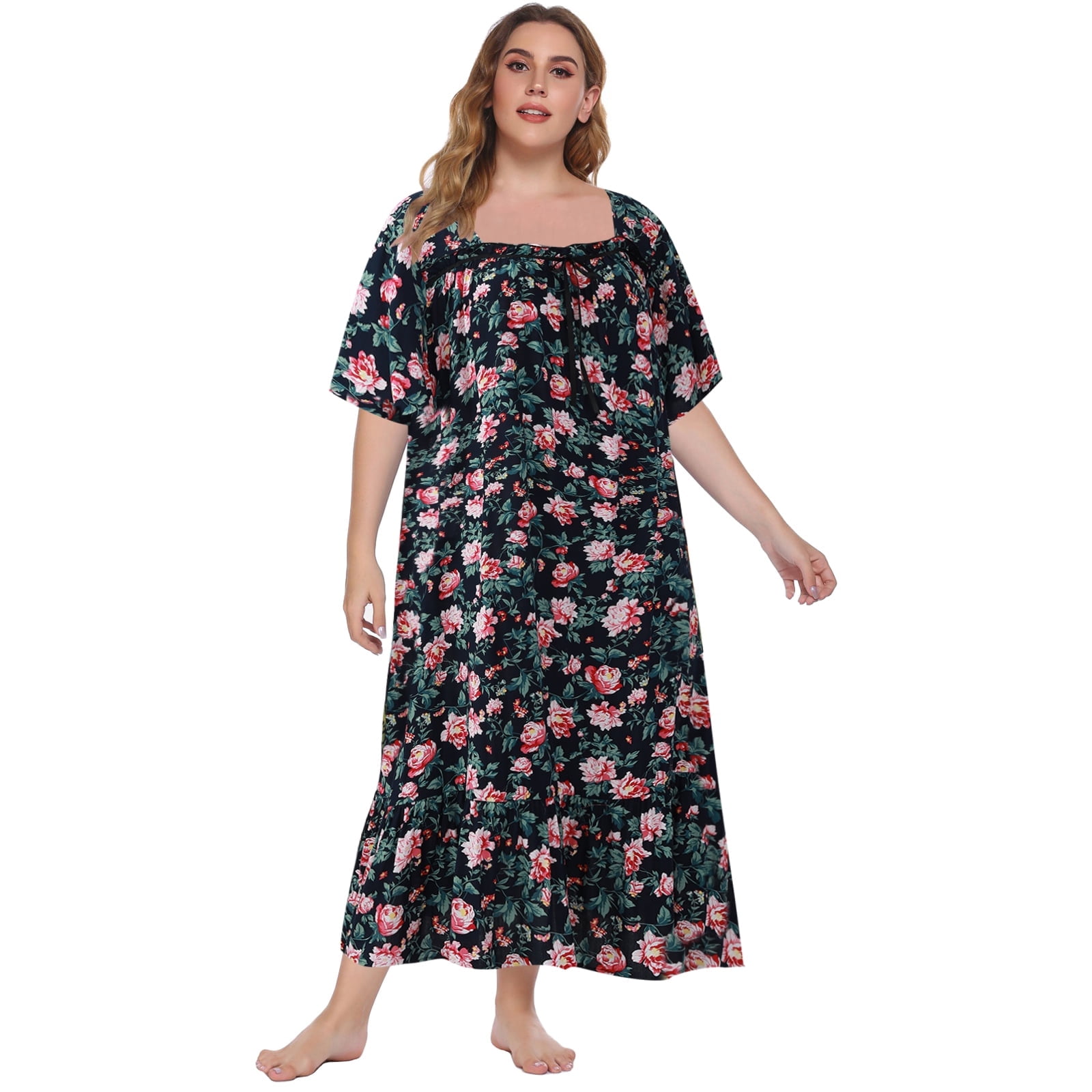 Baywell Women's Plus Size Long Nightgown Floral Printed House Dress ...