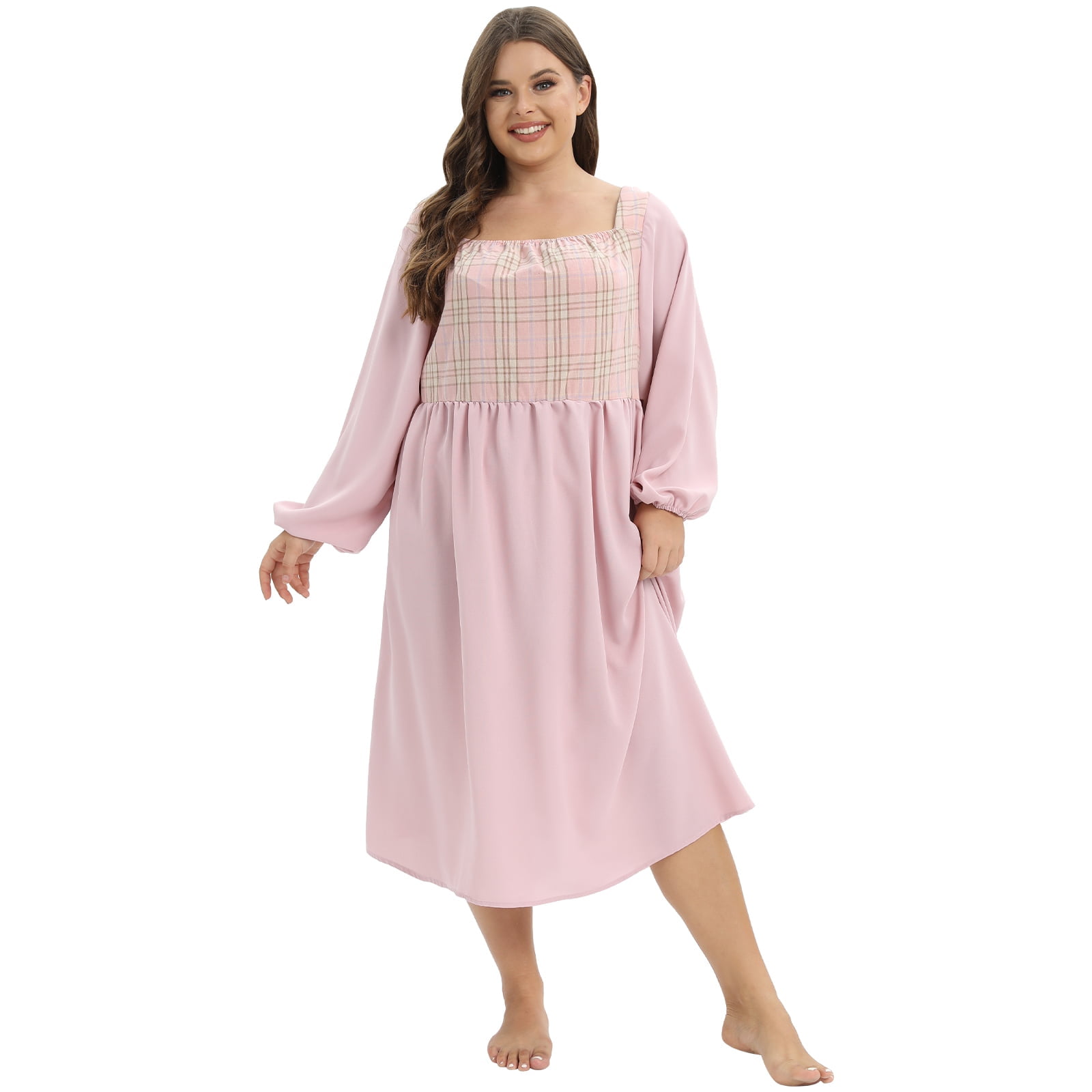 Baywell Women's Plus Size Nightgown Long Sleeve Square Neck Nightdress ...