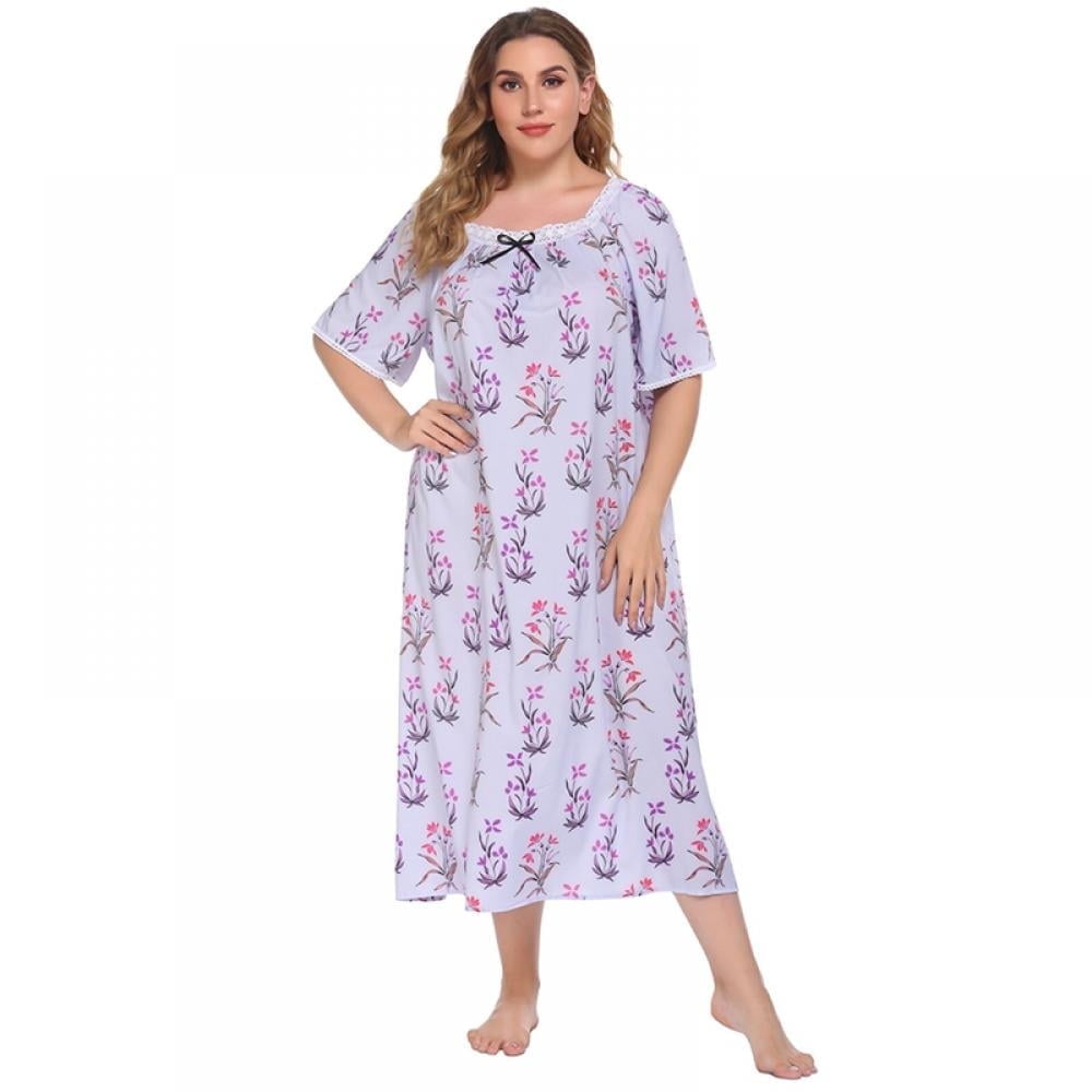 Baywell Women's Plus Size Nightgown Sleepwear Short Sleeve House Dress ...