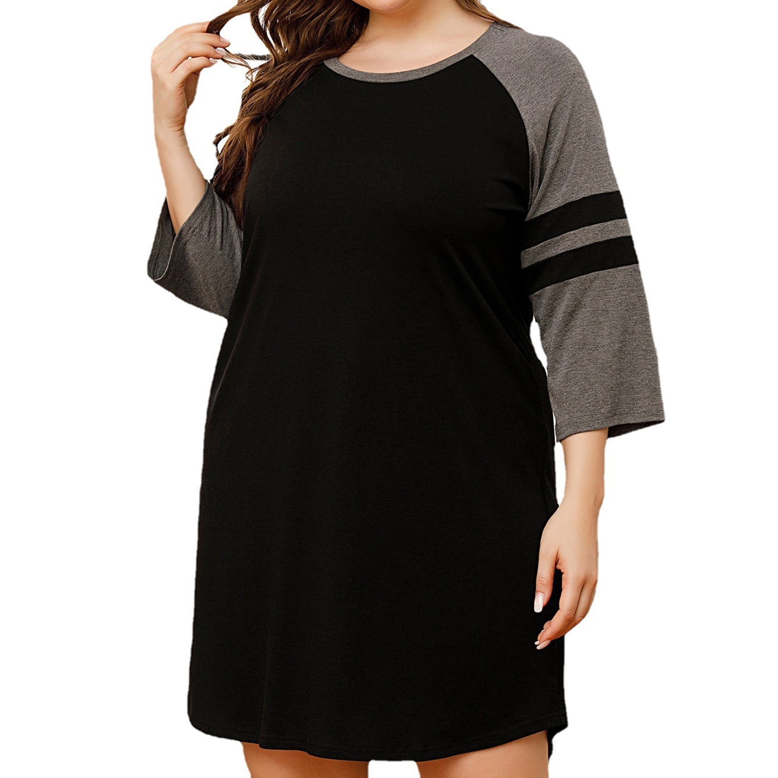 Baywell Women's Plus Size Nightgowns 3/4 Sleeve T Shirt Nightshirt Color Block Raglan Sleeve ...
