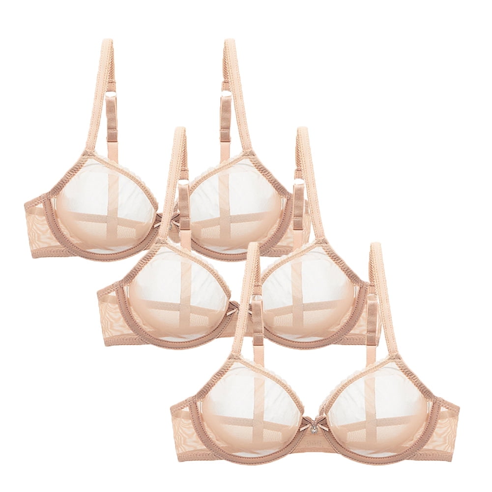 Baywell Women's Sexy Lace Push Up Plus Size Bra Sheer Balconette Underwire Unlined 3 Pieces Skin ...