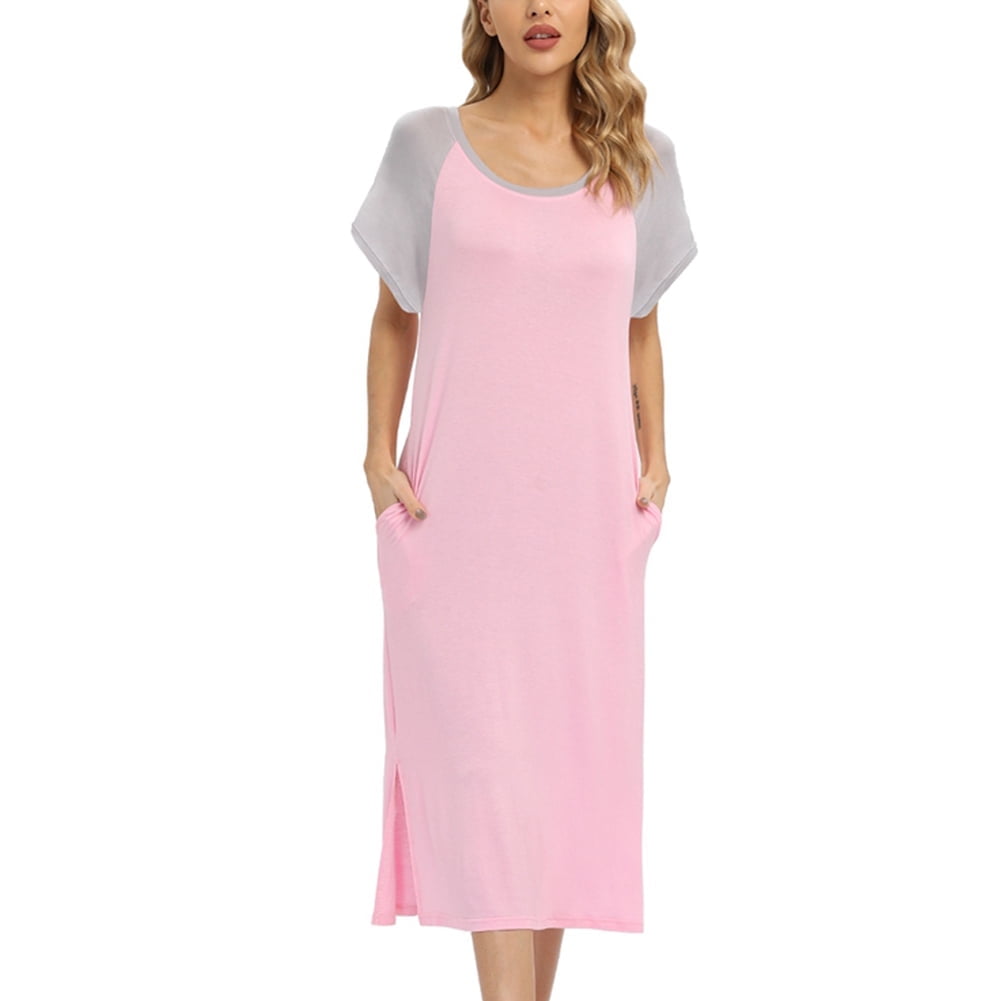 Baywell Women's Long Nightgown Short Sleeve Sleepwear with Pockets Color Block Round Neck ...