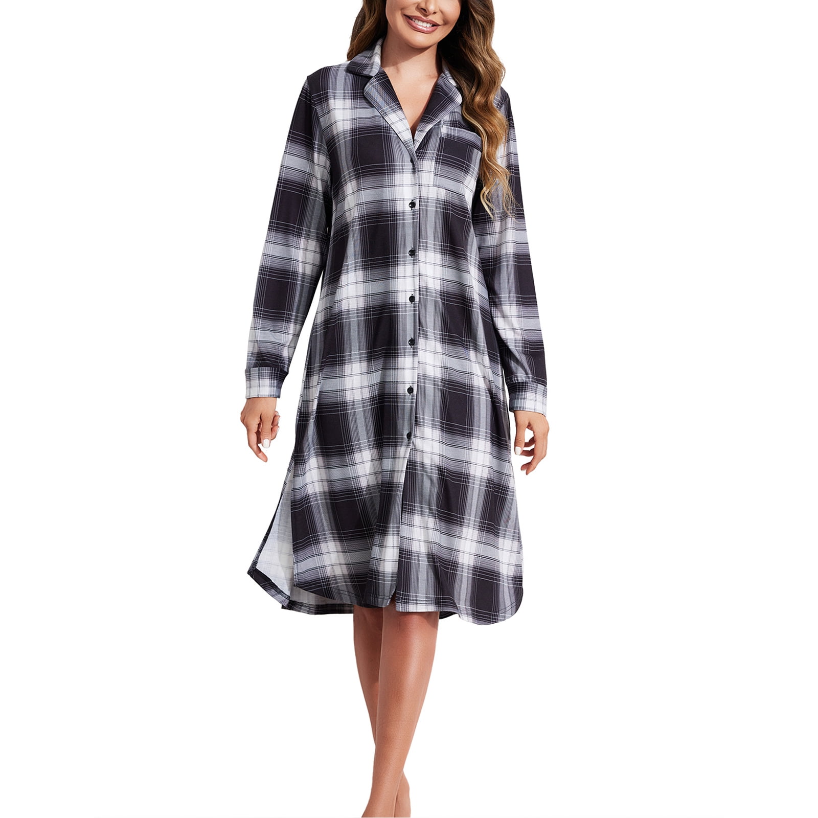 Baywell Women's Sleep Shirt Flannel Plaid/Striped Pajama Top Button ...