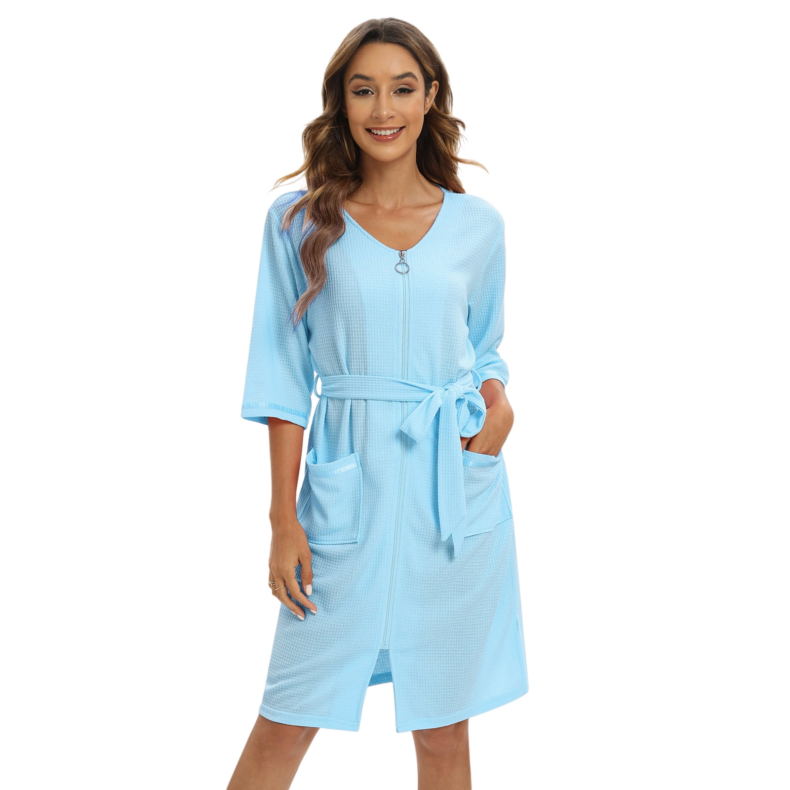 Baywell Women's Waffle Zipper Robe With Pockets Soft Zip Up Housecoat ...