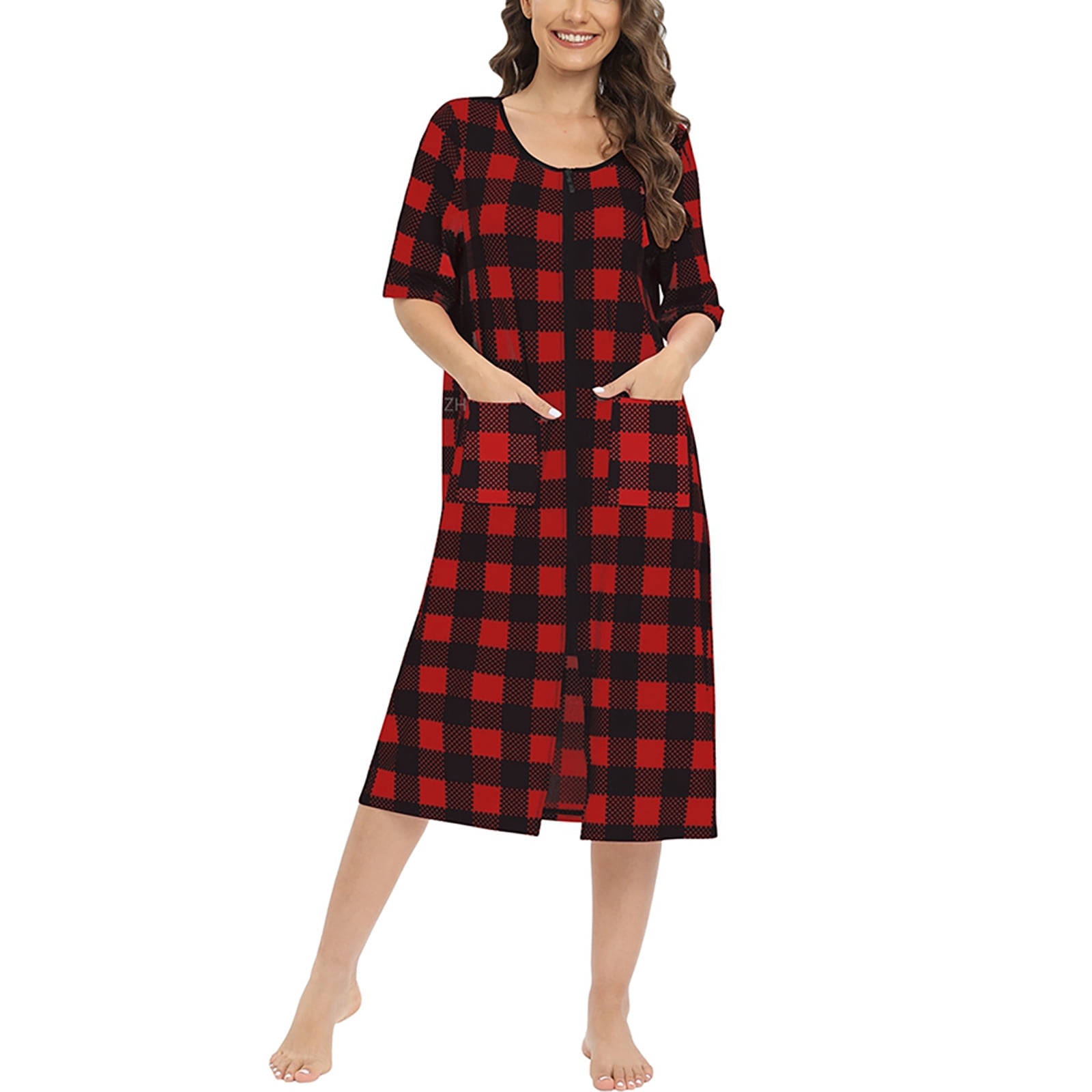 Baywell Women's Zipper Front House Coat Plaid House Dresss Short Sleeve ...