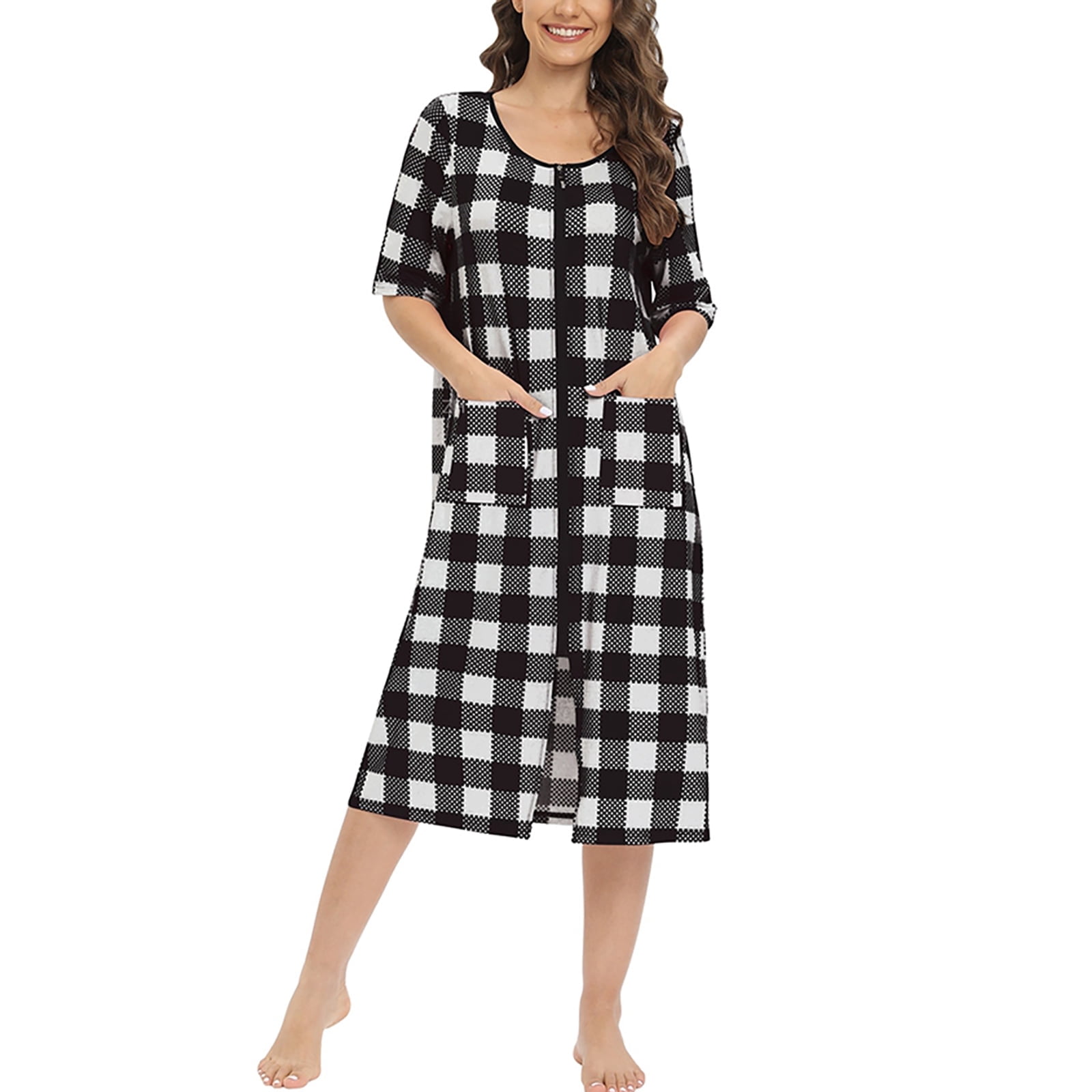 Baywell Women's Zipper Front House Coat Plaid House Dresss Short Sleeve ...