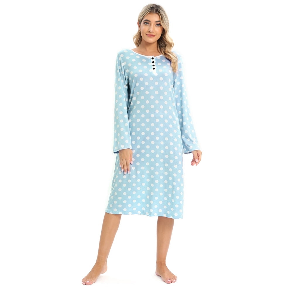 Baywell Womens Polka Dot Nightgown Long Sleeve Sleepwear Button Down ...