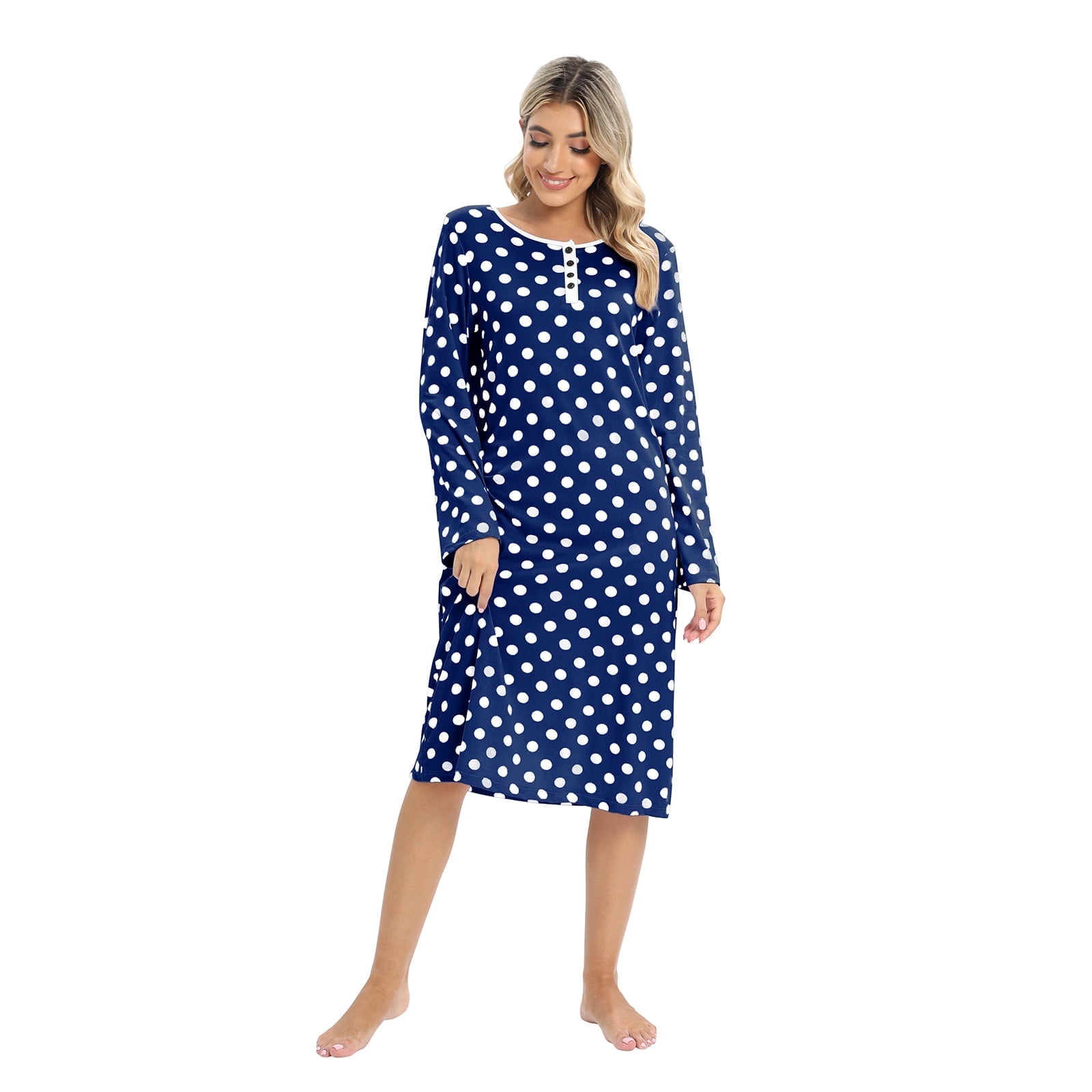 Baywell Womens Polka Dot Nightgown Long Sleeve Sleepwear Button Down ...