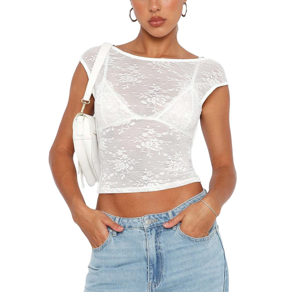 Baywell Womens Mesh Sheer Tops Cap Sleeve Backless Crop Top Floral Lace ...