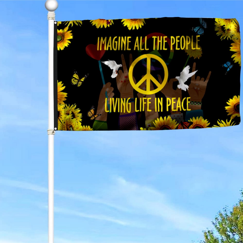 Bayyon Hippie Sunflower Peace Sign Flag Imagine All The People Living ...