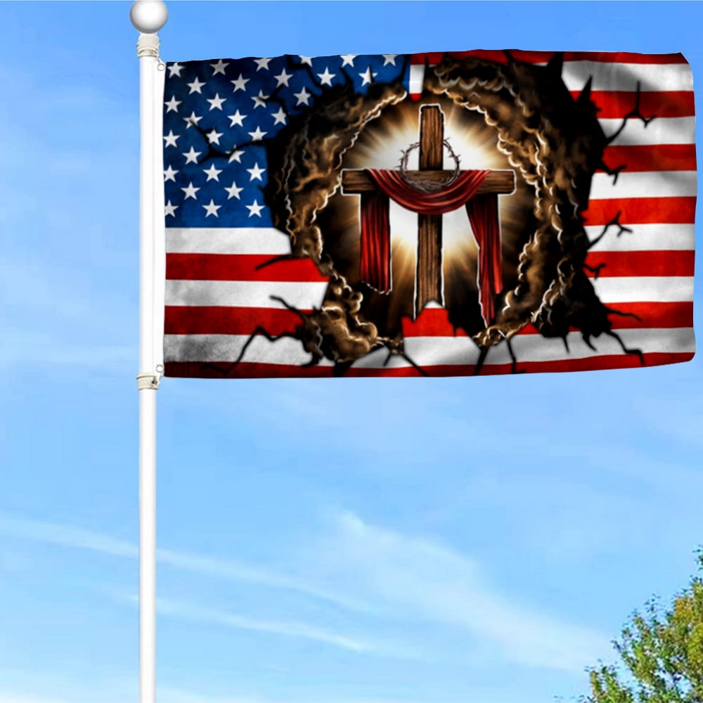 Bayyon One Nation Under God. Christian Cross American Flag Banner with ...