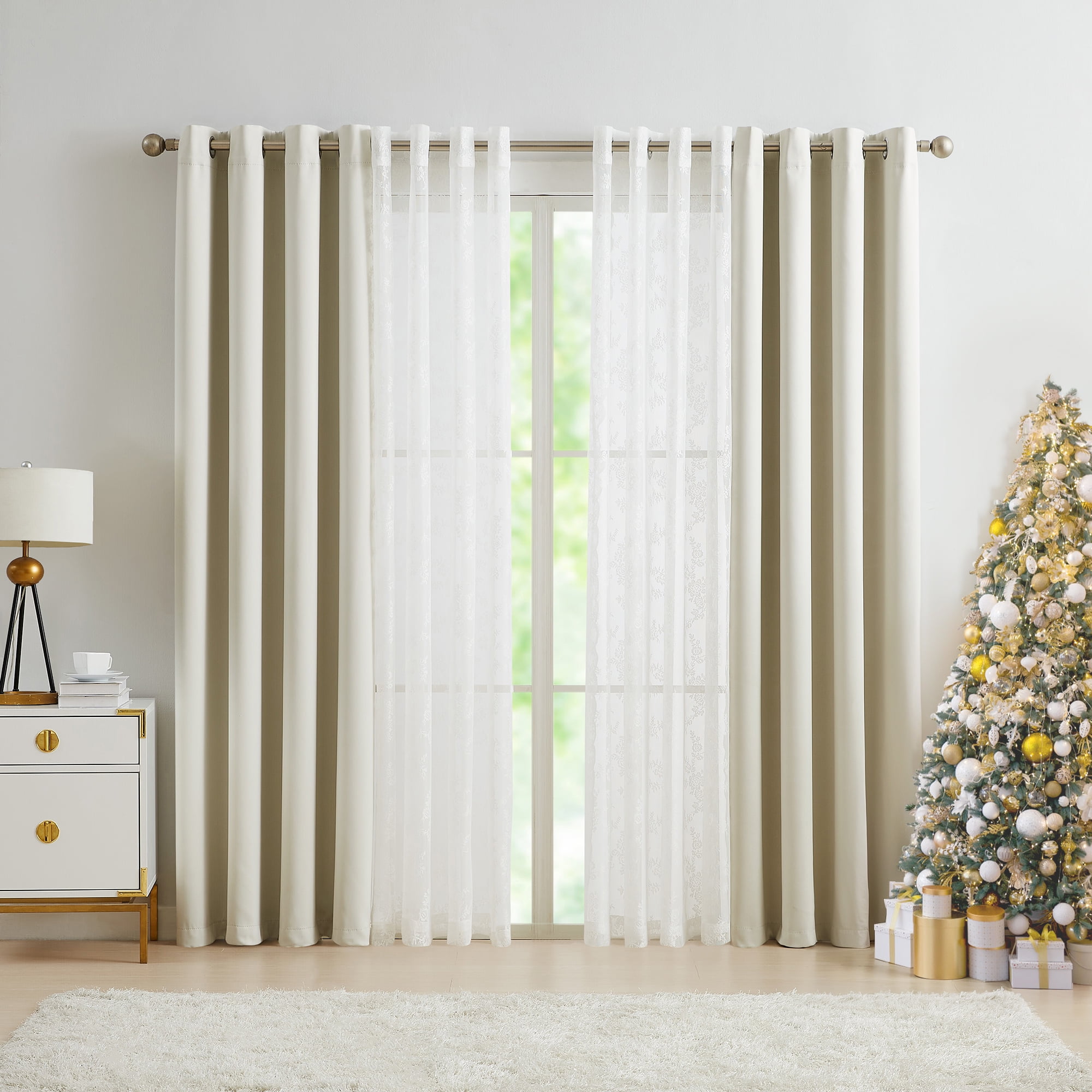 "Bazaahm Beige Blackout Drapes with Sheer Overlay, Thermal Insulated ...