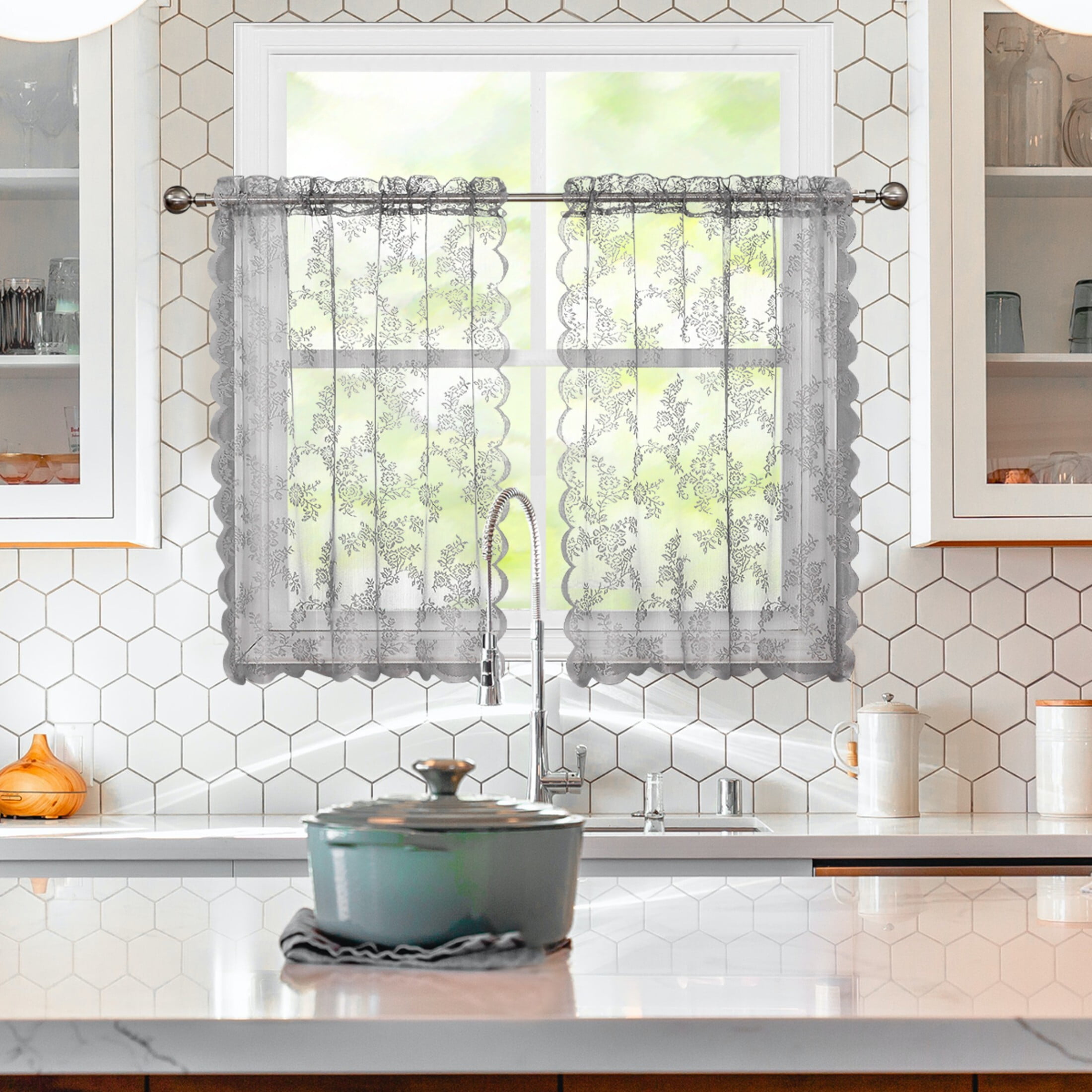 Bazaahm Floral Lace Sheer Kitchen Curtains for Light Filtering,Grey,36 ...