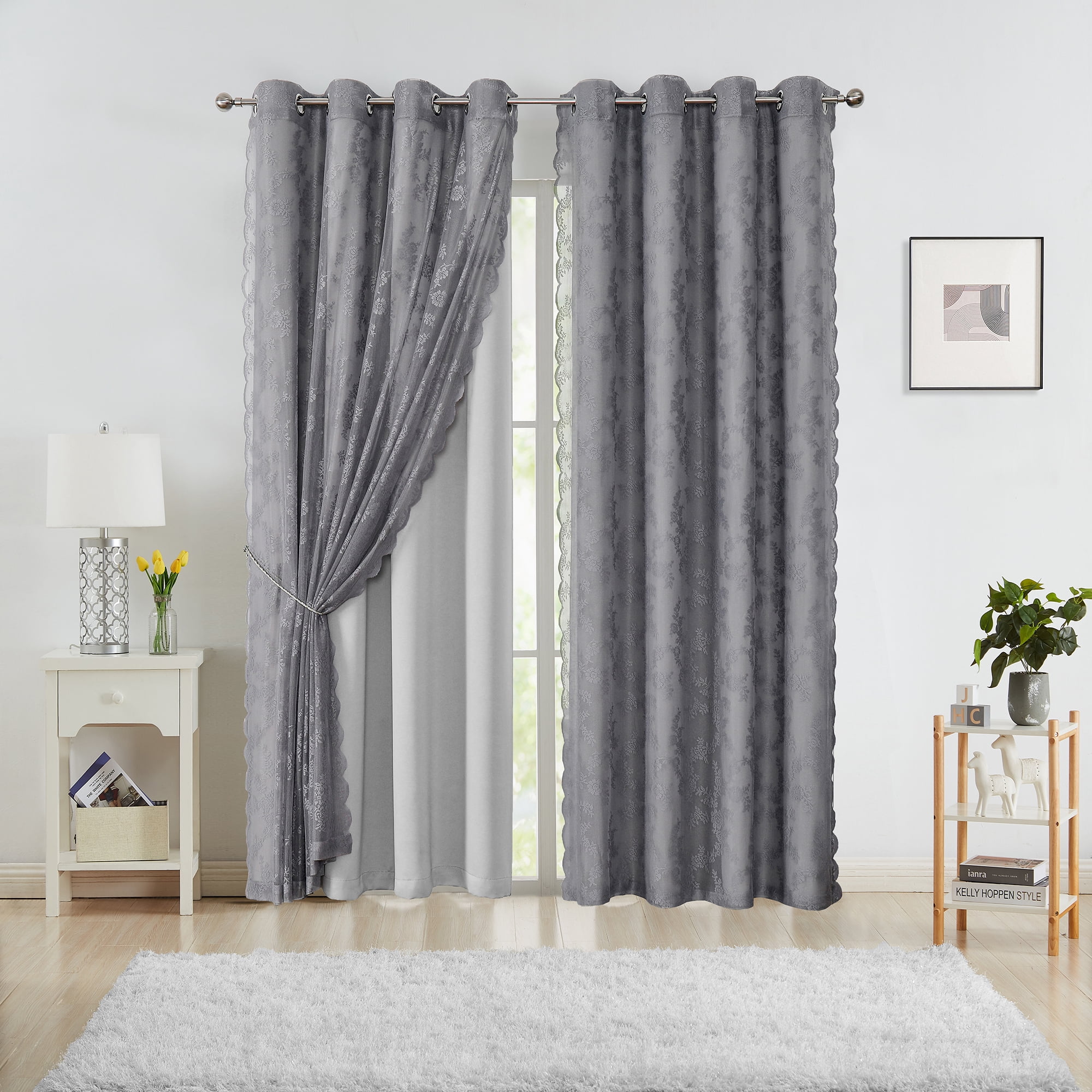 Bazaahm Grey Blackout Curtains & Elegant Rose Floral Lace Sheer ...