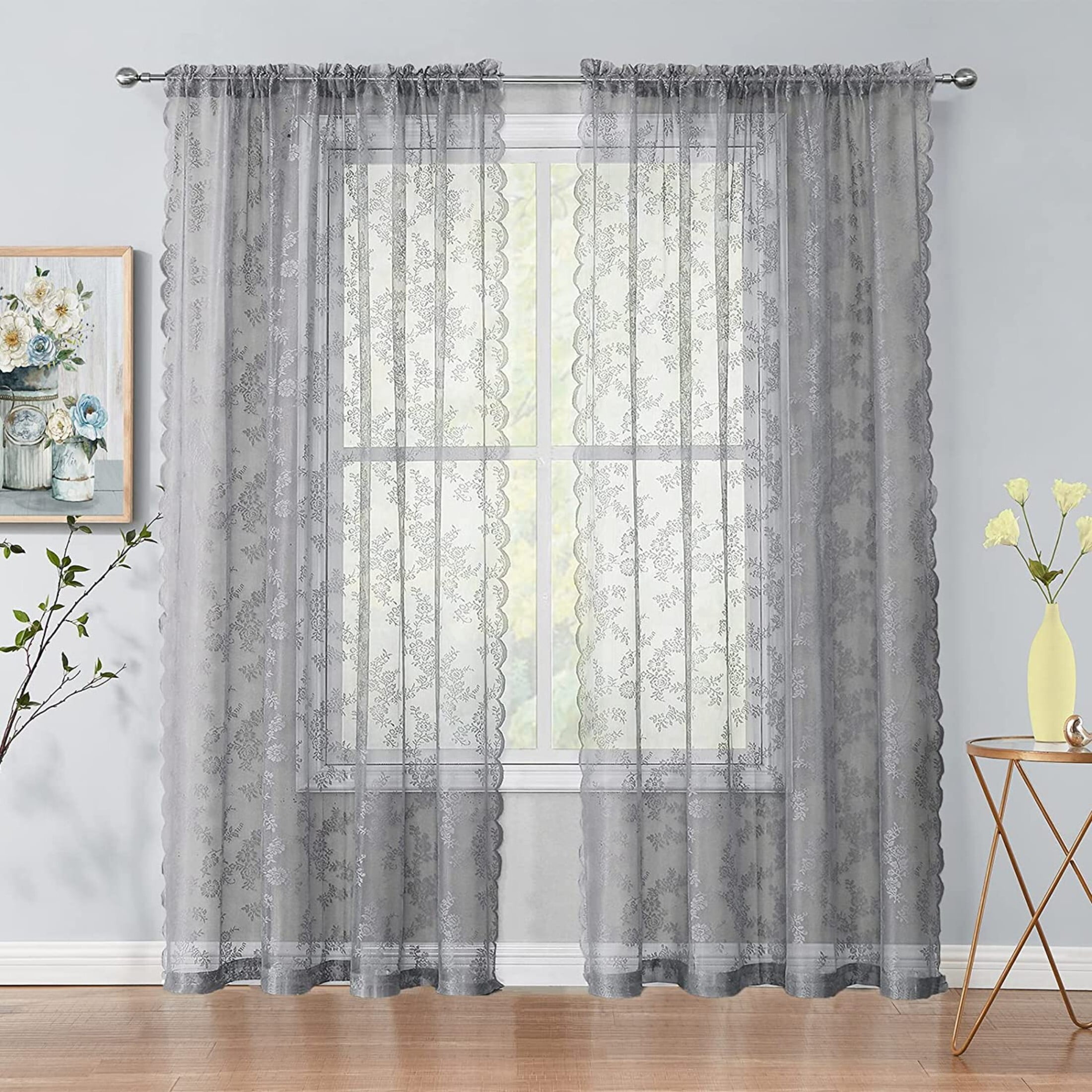 "Bazaahm Grey 2-Panel Floral Lace Curtains, Rose Embroidered Sheer ...