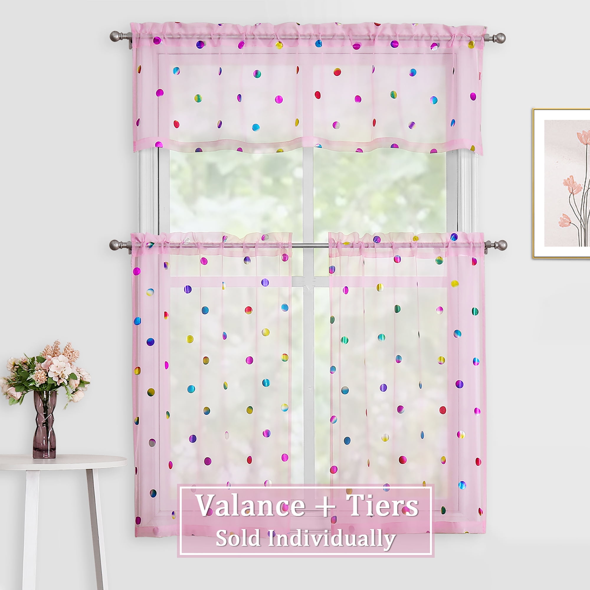 Bazaahm Pink Sheer Valance Curtain Colorful Metallic Polka Dots Rod ...