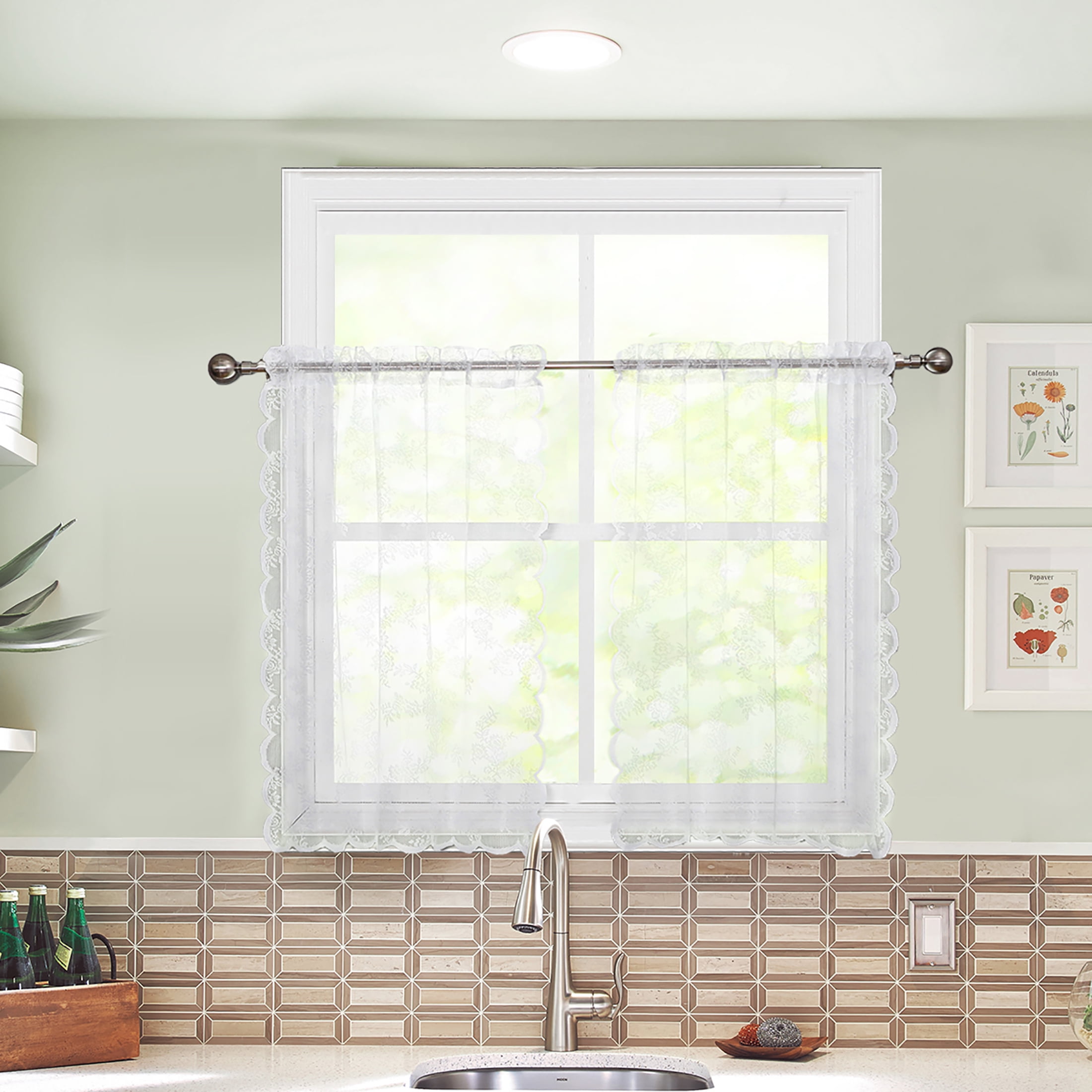 Bazaahm Rose Floral Lace Sheer Kitchen Curtains with Cafe Valance ...