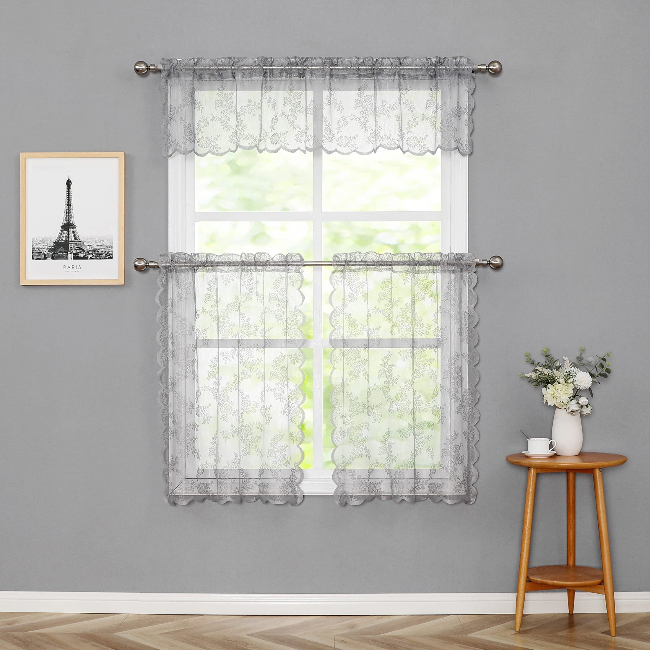 Bazaahm Rose Lace Tier Curtains, Grey Floral Embroidery Panels for ...