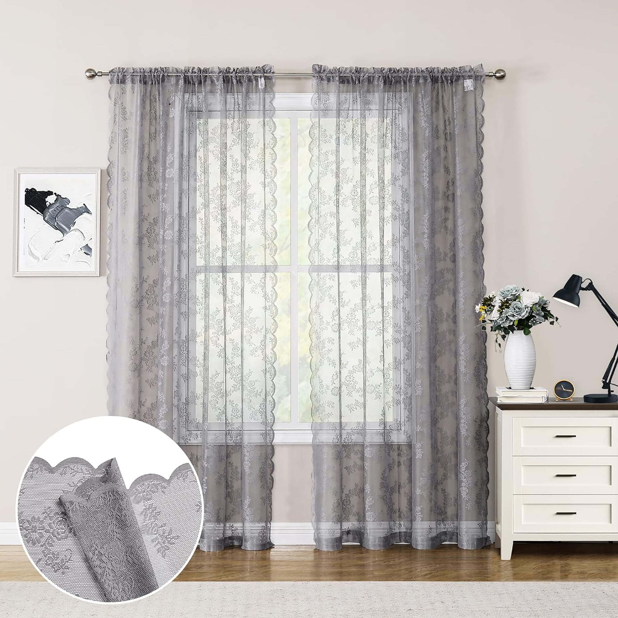 Bazaahm Sheer Lace Grey Curtains for Bedroom Living Room 95"L x 55"W ...