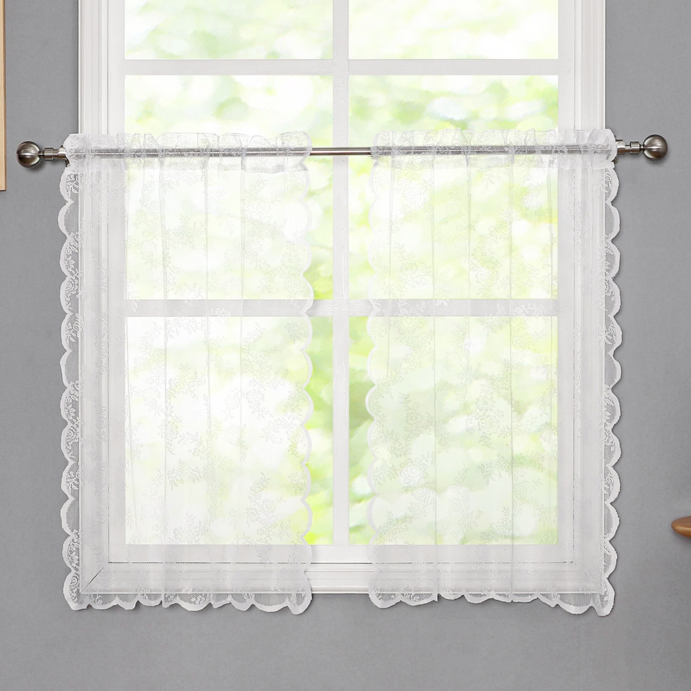 Bazaahm White Sheer Lace Kitchen Curtains Set, Floral Embroidered Rod ...