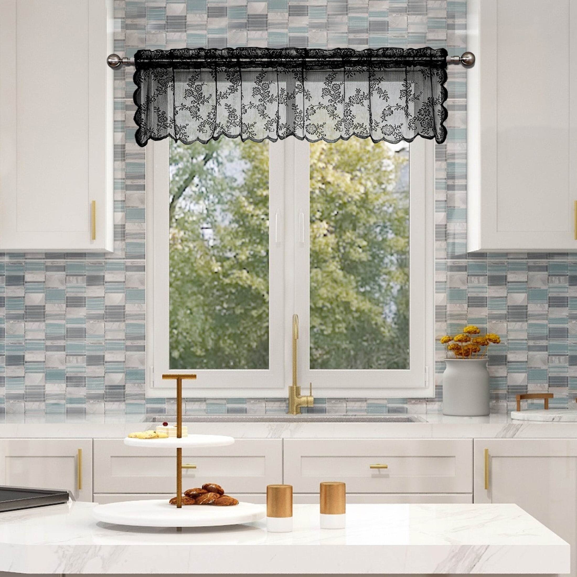 Bazaahm Sheer Valance Floral Embroidered Lace Kitchen Curtains,15"L x ...