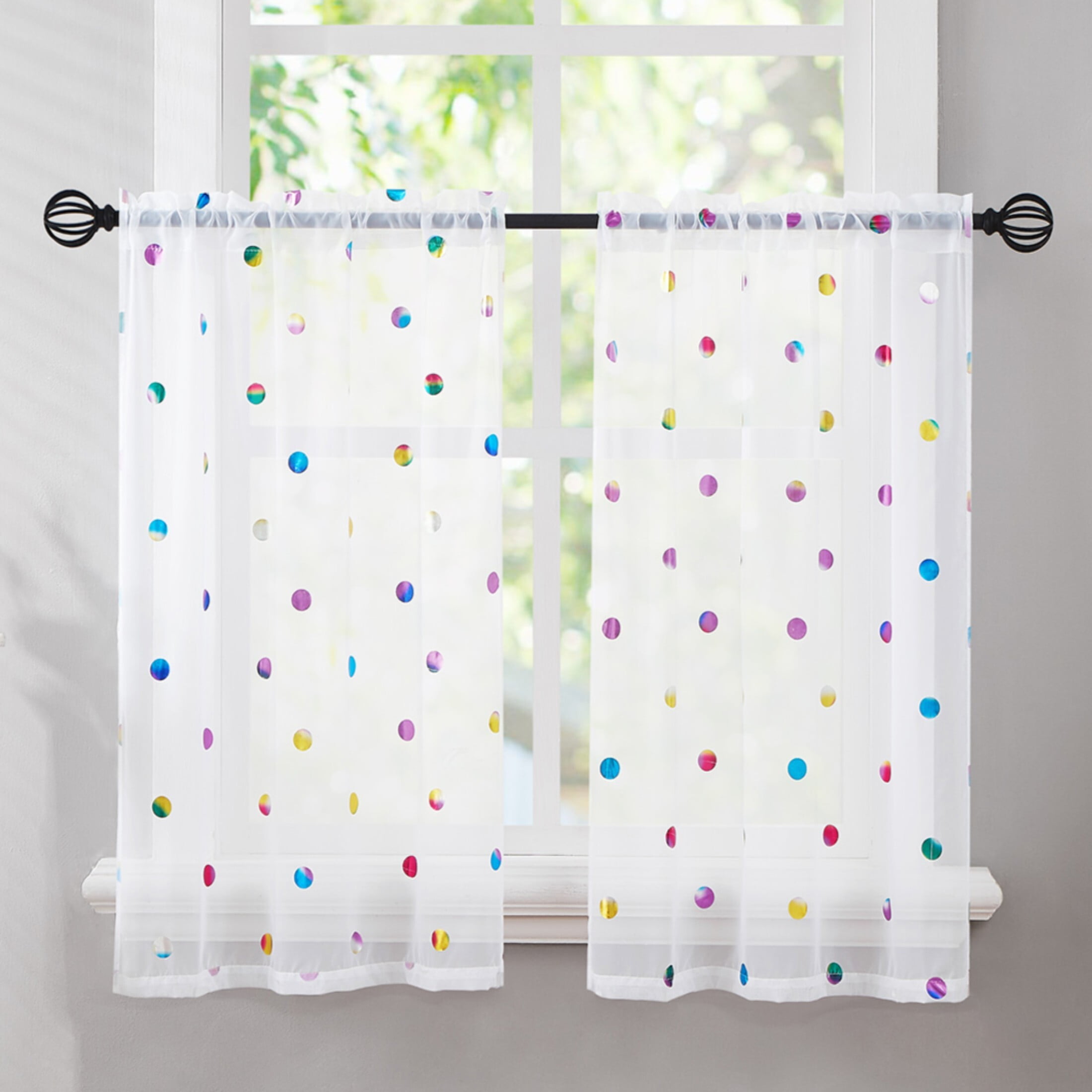 Bazaahm Sheer Kitchen Curtains, 28”W x 24”L, Metallic Polka Dot, 2 ...