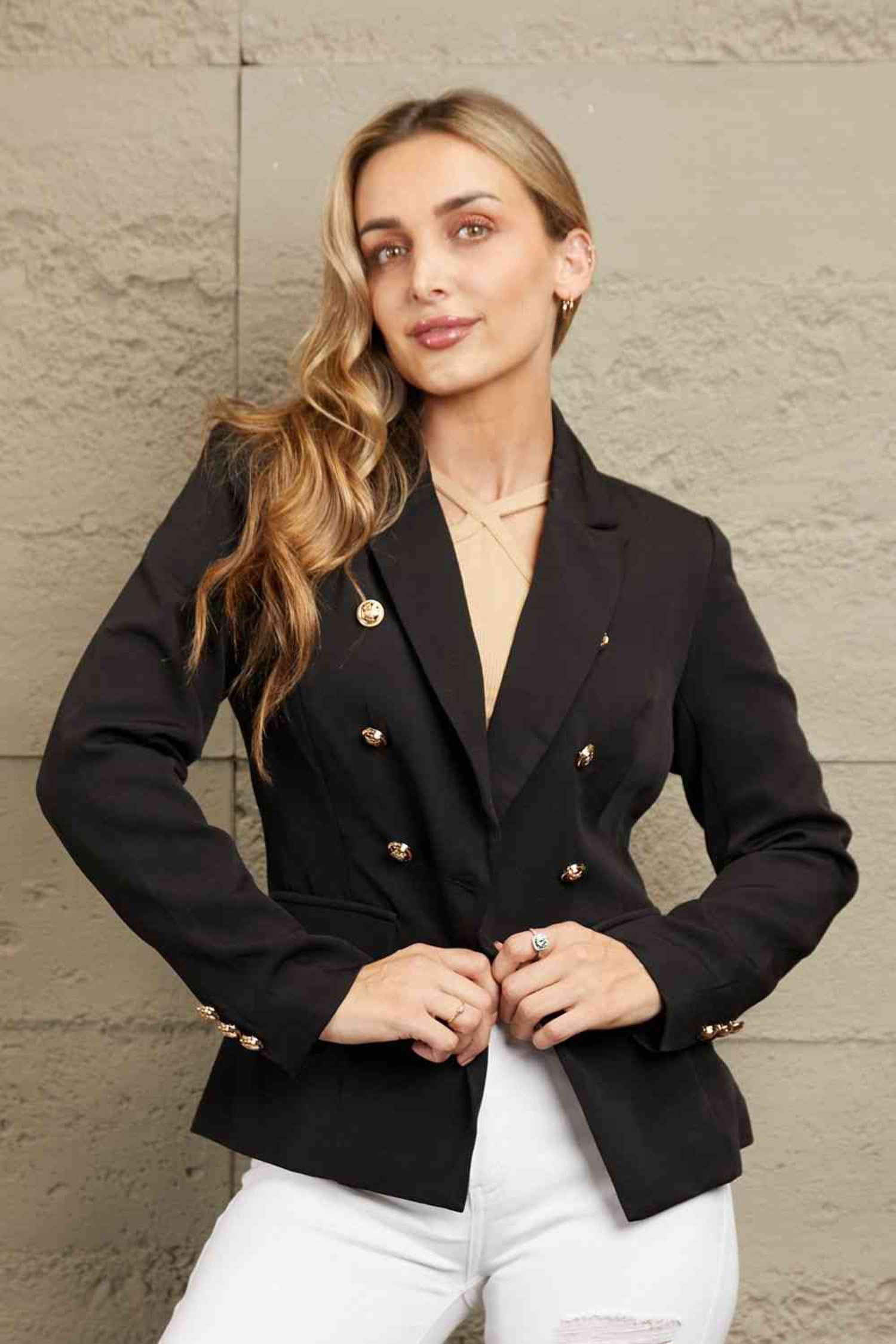 Double-Breasted Padded Shoulder Blazer - BazaarBey - Walmart.com