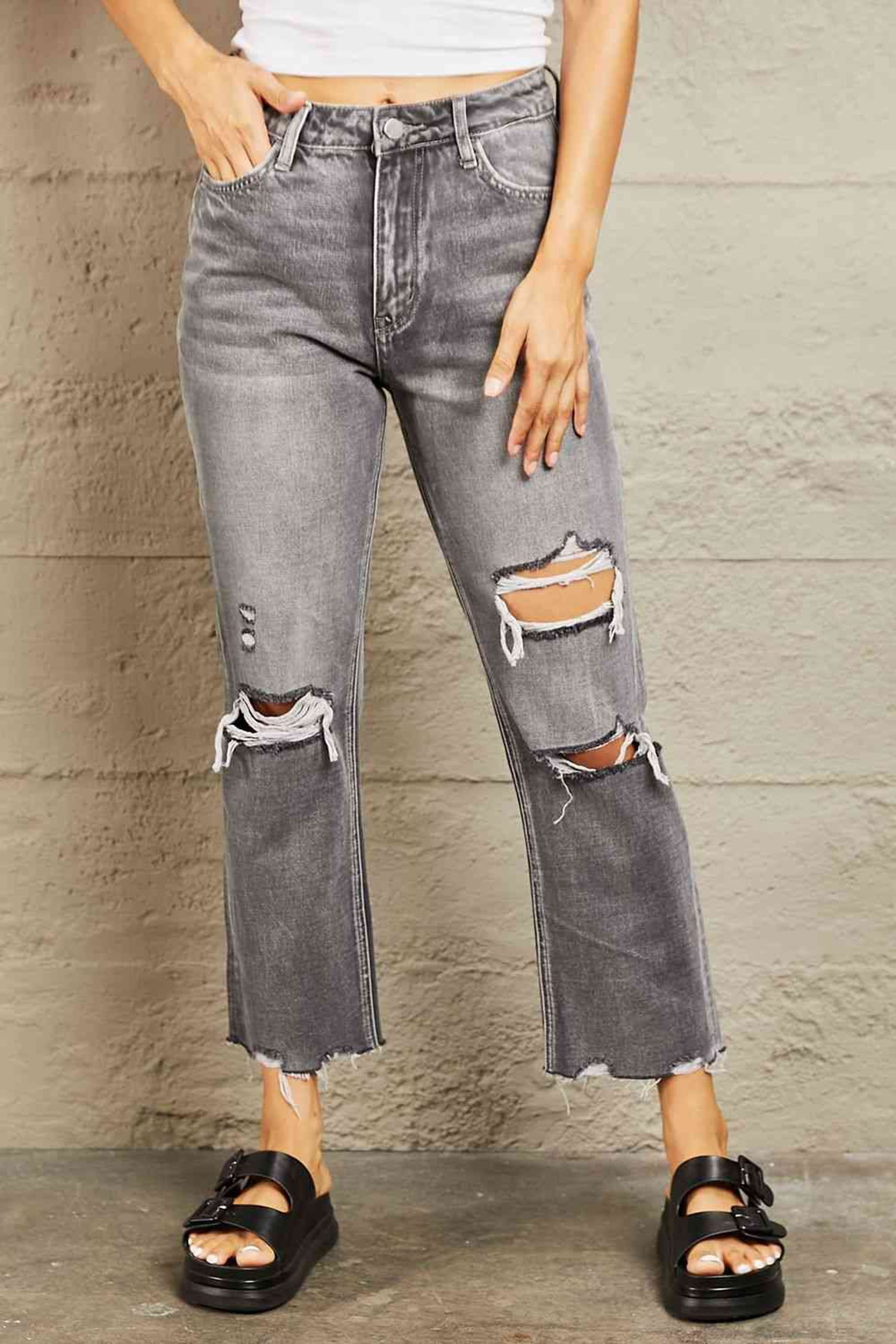 Mid Rise Distressed Cropped Dad Jeans - BazaarBey - Walmart.com