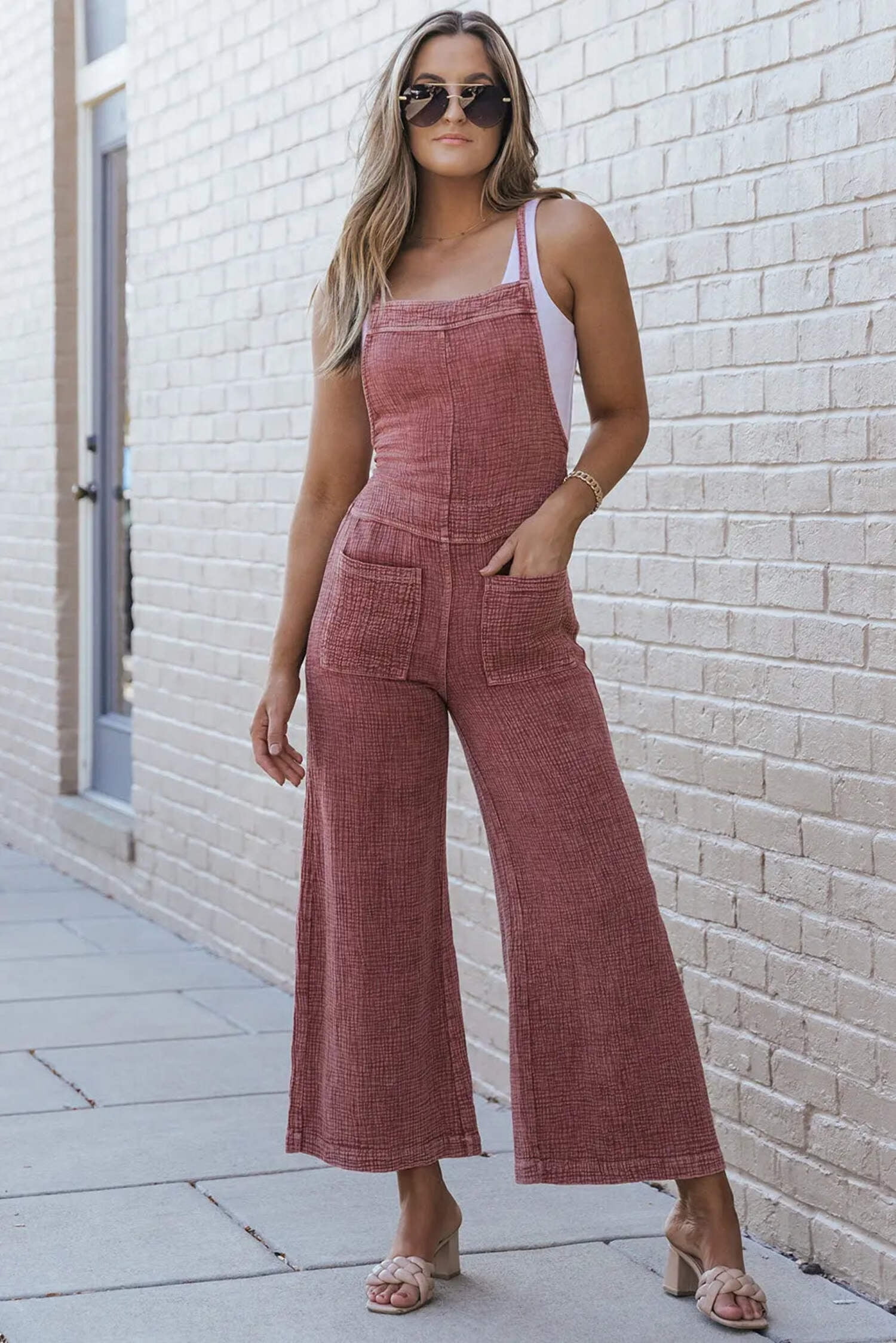 Texture Spaghetti Strap Square Neck Overalls - BazaarBey - Walmart.com