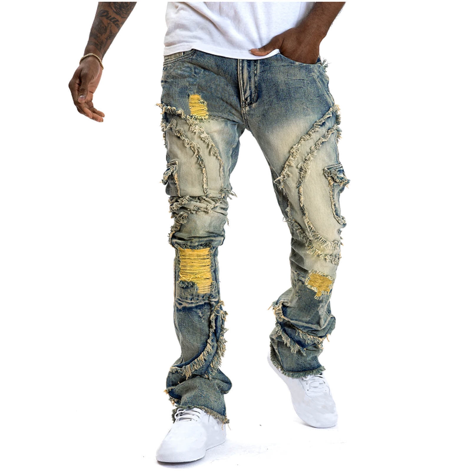 Bazeneo Men's Jeans Ripped Casual Denim Trousers Slim Fit Bootcut Jean ...