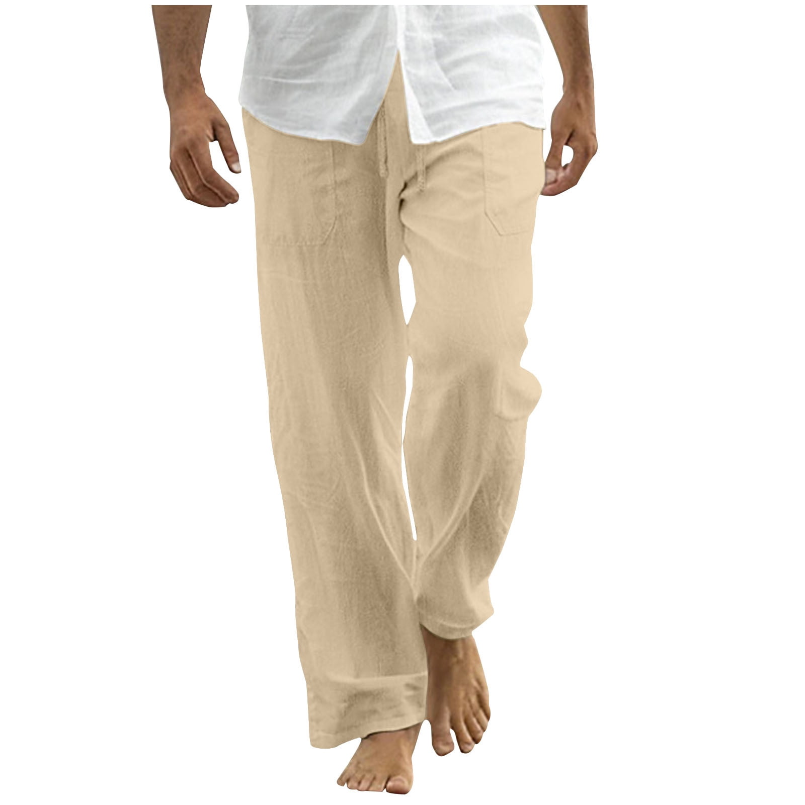 Bazeneo Mens Cotton Linen Trousers Elasticated Waist Casual Trouser ...