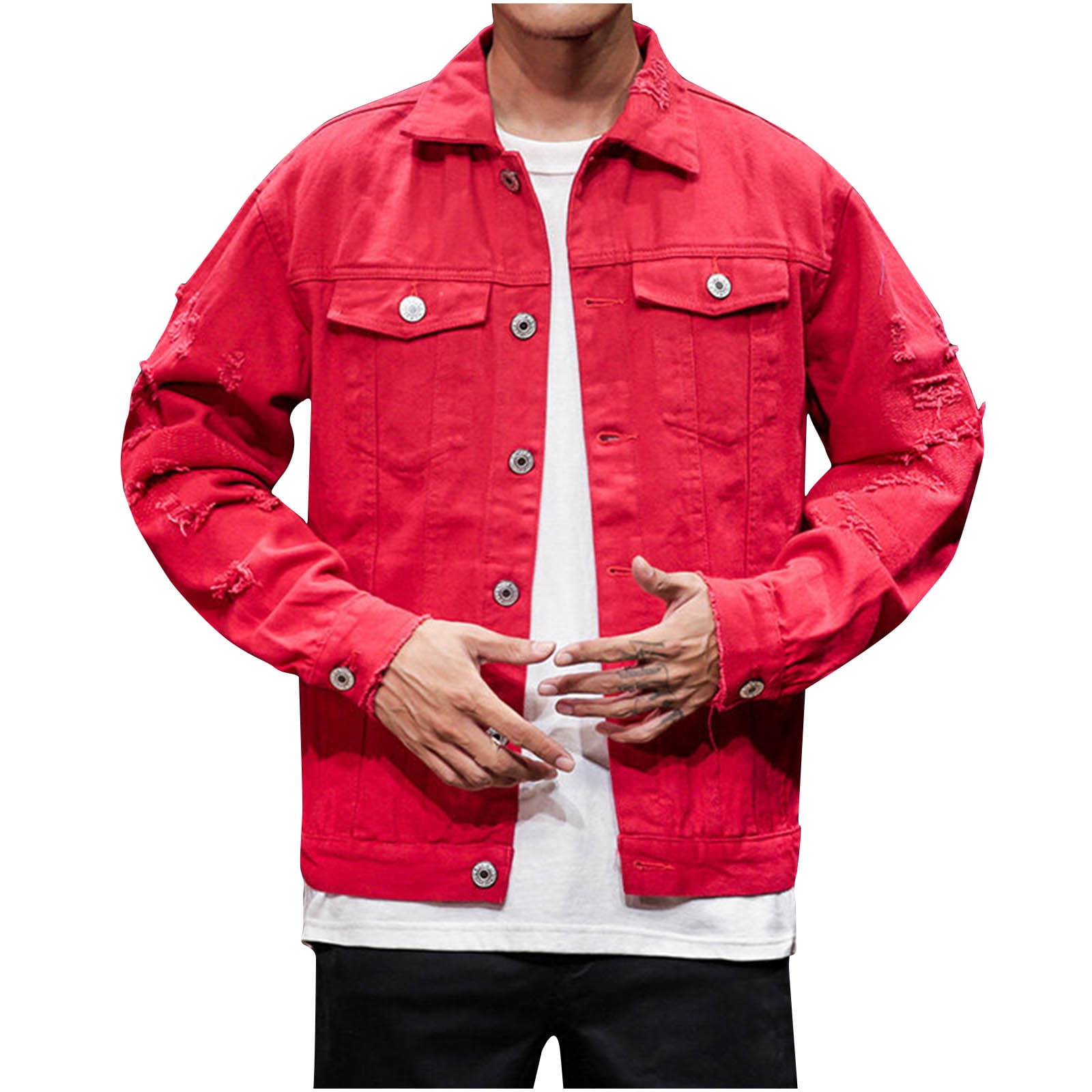 Bazeneo Mens Denim Jacket Distressed Jean Jackets with Pockets Long ...