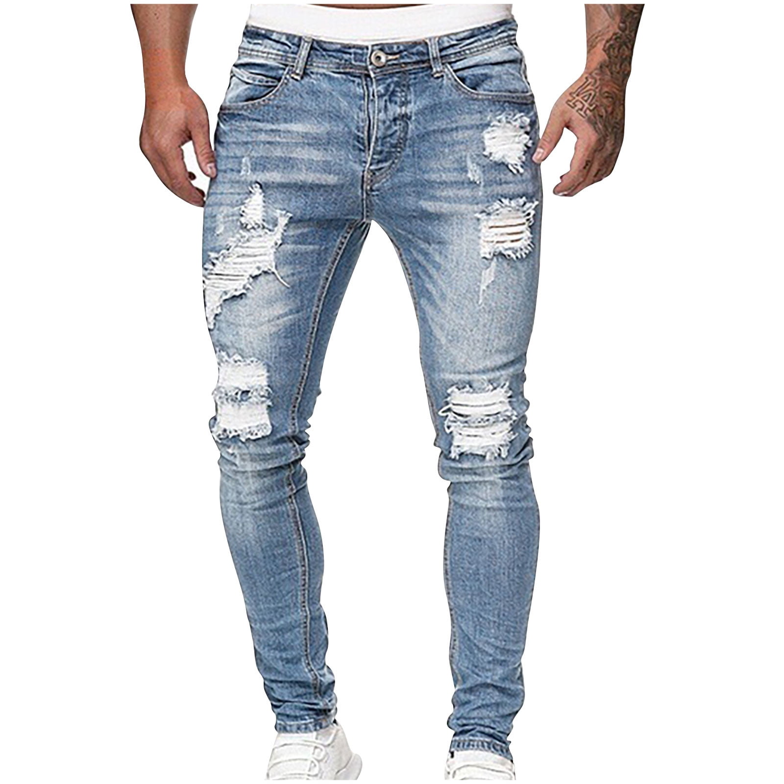 Bazeneo Mens Jeans Ripped Jeans with Pockets Slim Fit Denim Trousers ...