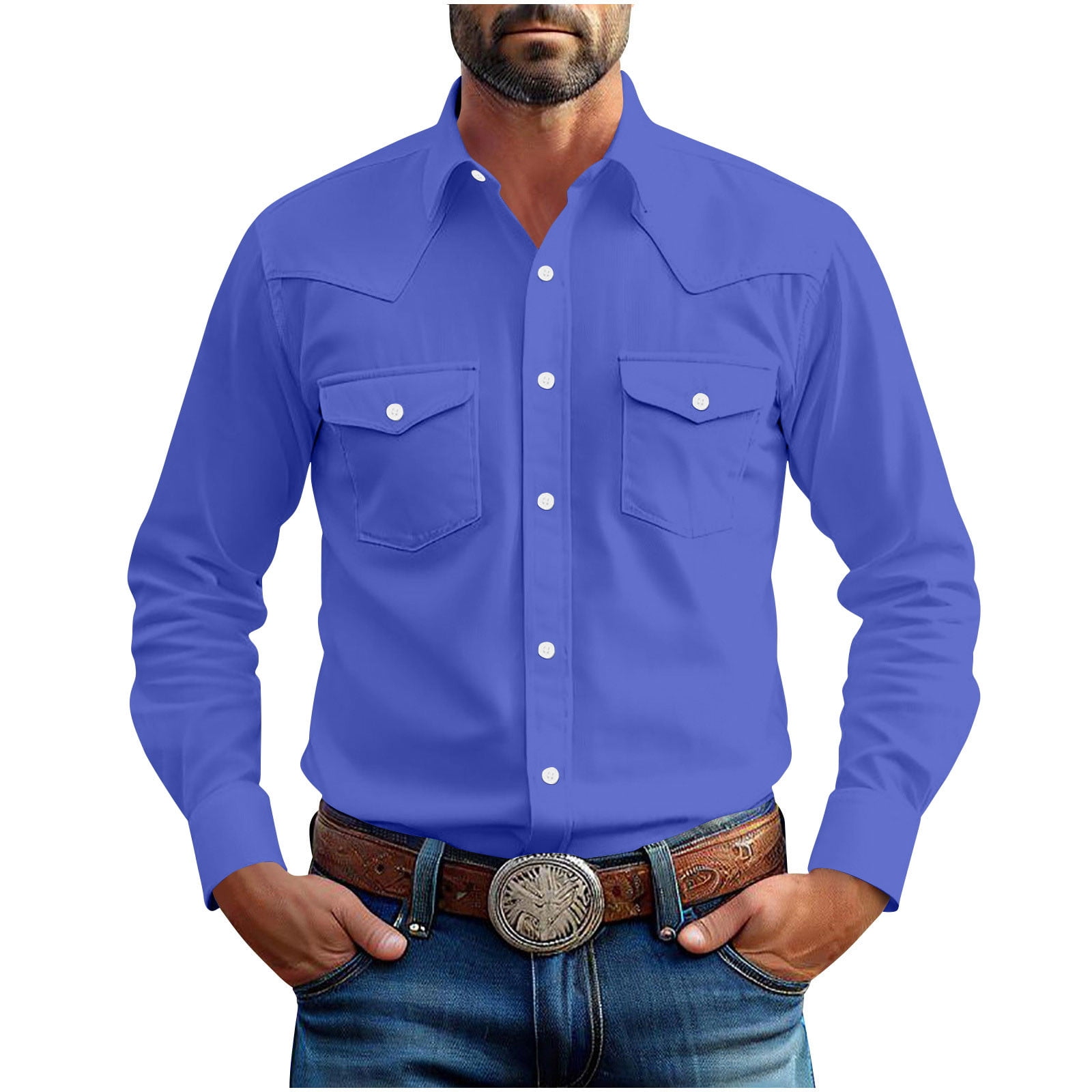 Bazeneo Mens Long Sleeve Shirts Cotton Button Up Work Shirts Slim Fit ...