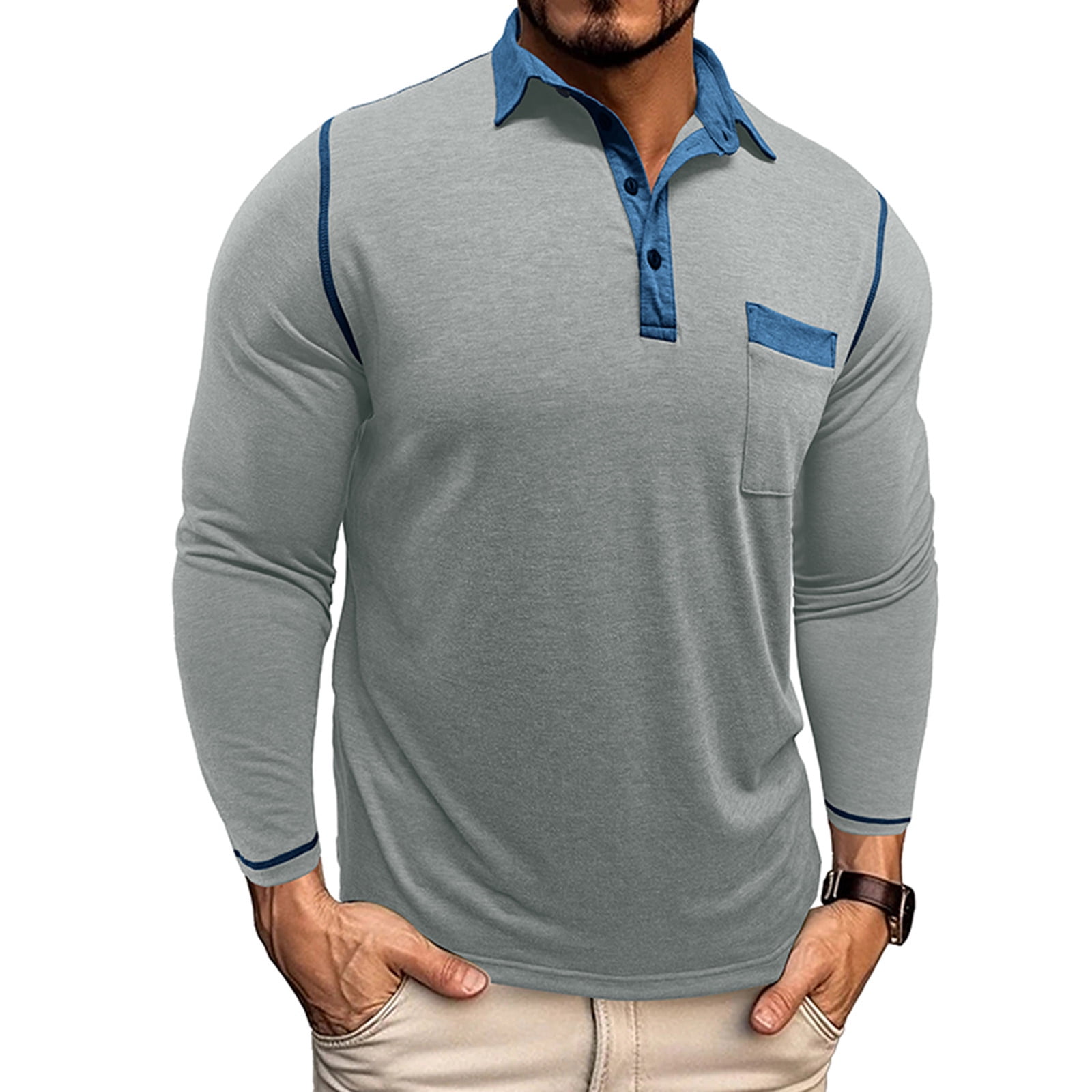 Bazeneo Polo Shirt Men Slim Fit Long Sleeve Polo T Shirts Colour Block ...