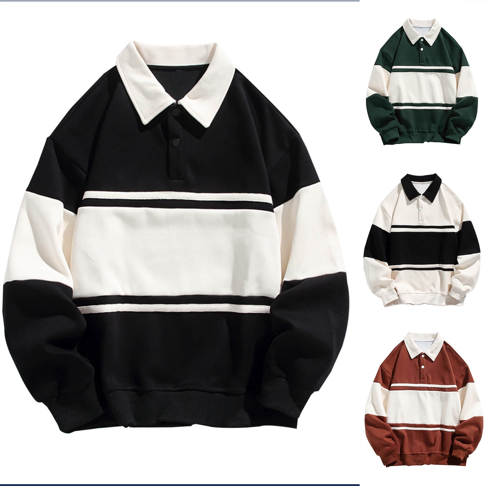 Bazeneo Sweatshirts for Men Lapel Long Sleeve Jumpers Colour Blocking ...