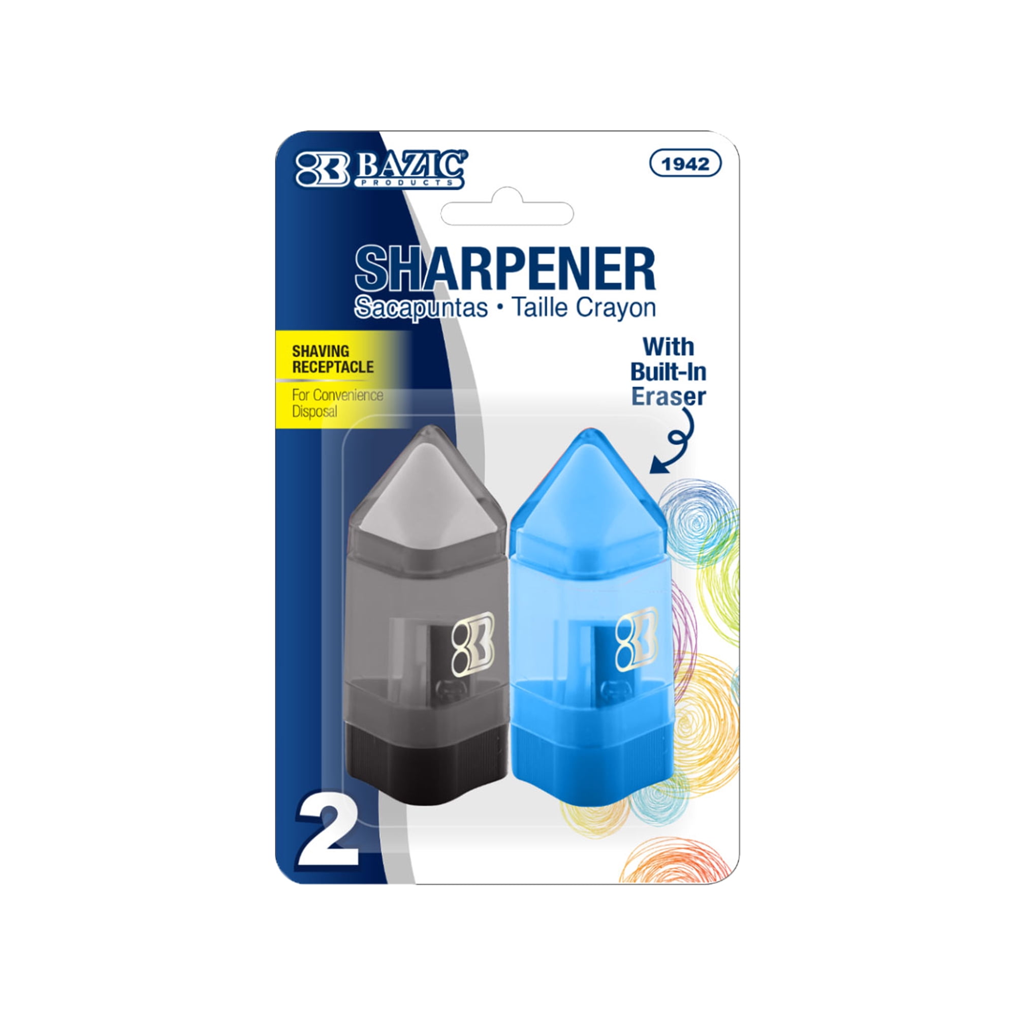 Bazic 1942 Single Blade Sharpener with Receptacle & Eraser, Pack of 2 ...