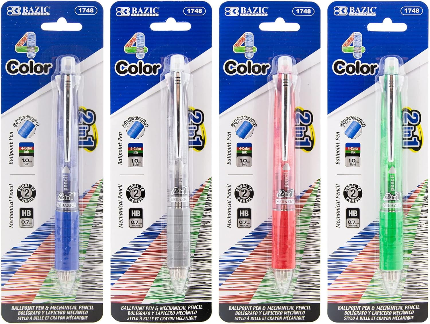 BAZIC 2-In-1 Mechanical Pencil & 4-Color Pen w/ Grip, Box Pack of 24 ...