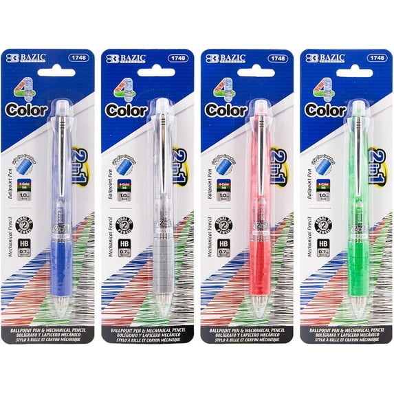 BAZIC 2-In-1 Mechanical Pencil & 4-Color Pen w/ Grip, Box Pack of 24 ...