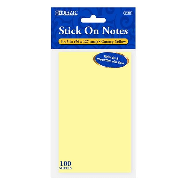 Bazic 3 x 5 in. Yellow Stick On Notes - 100 Count & Case of 24 ...