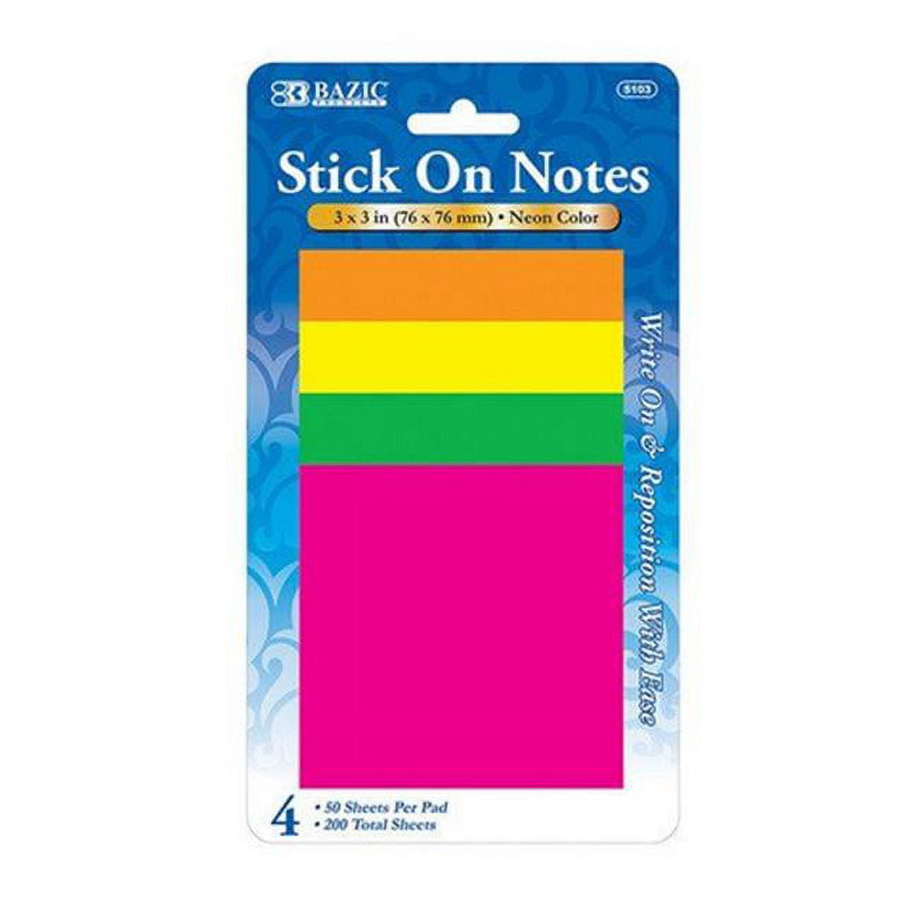 Bazic 5103 40 Ct. 3'' X 3'' Neon Stick On Notes (4/Pack) Case of 24 ...