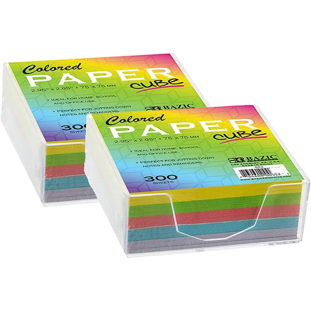 Bazic Color Paper Cube W/Durable Tray, 3" X 3" 300 Count/Pack, Mini Memo Papers Pads Note Paper ...