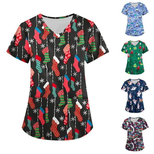 Bazyrey Women Plus Size Scrub Tops Short Sleeve V Neck Christmas Cartoon Pattern Tops Pocket
