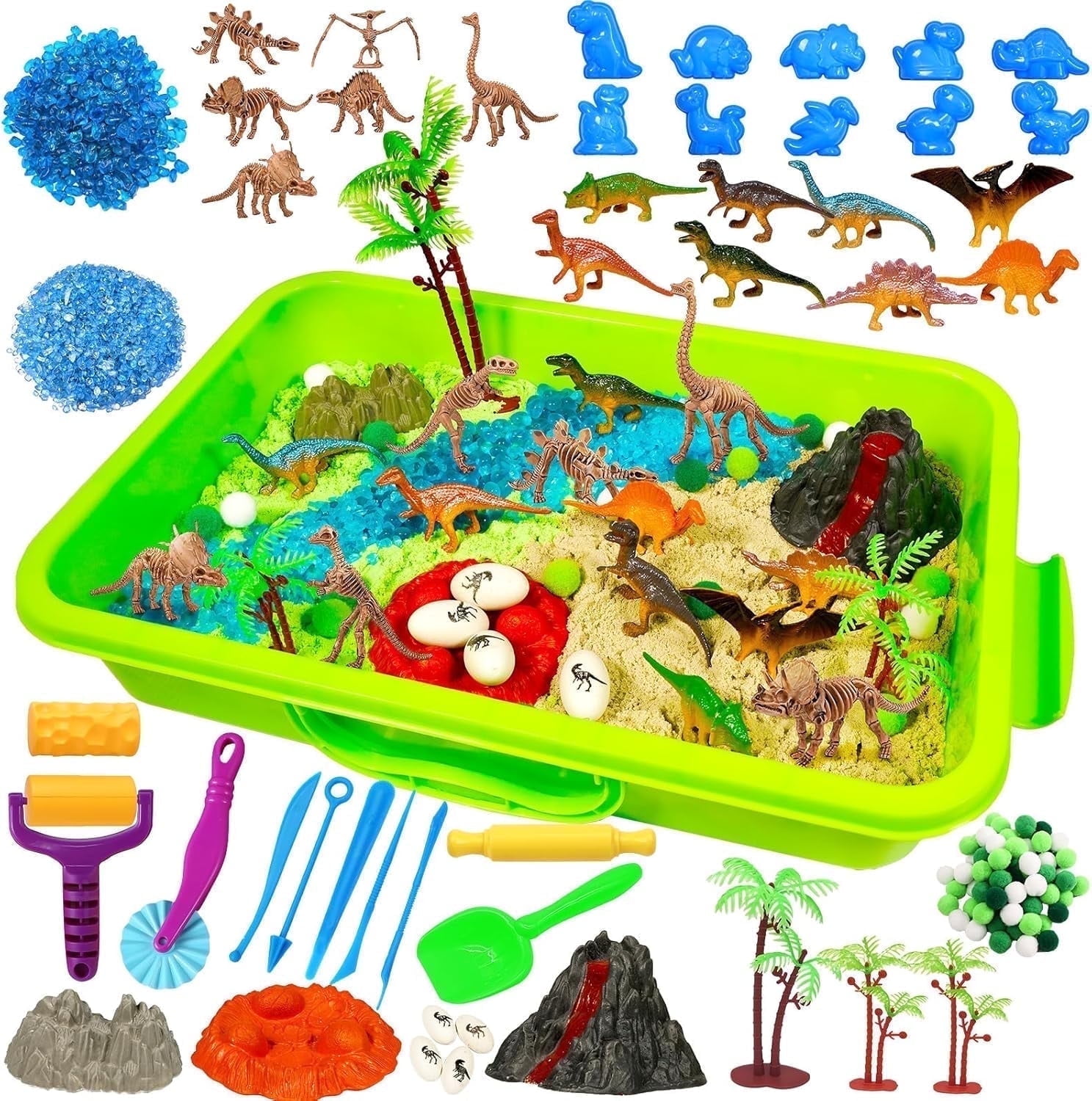 Bbiamsleep 147 Pcs Dinosaur Sensory Bin Kinetic Sand Kit with Sandbox 2 ...