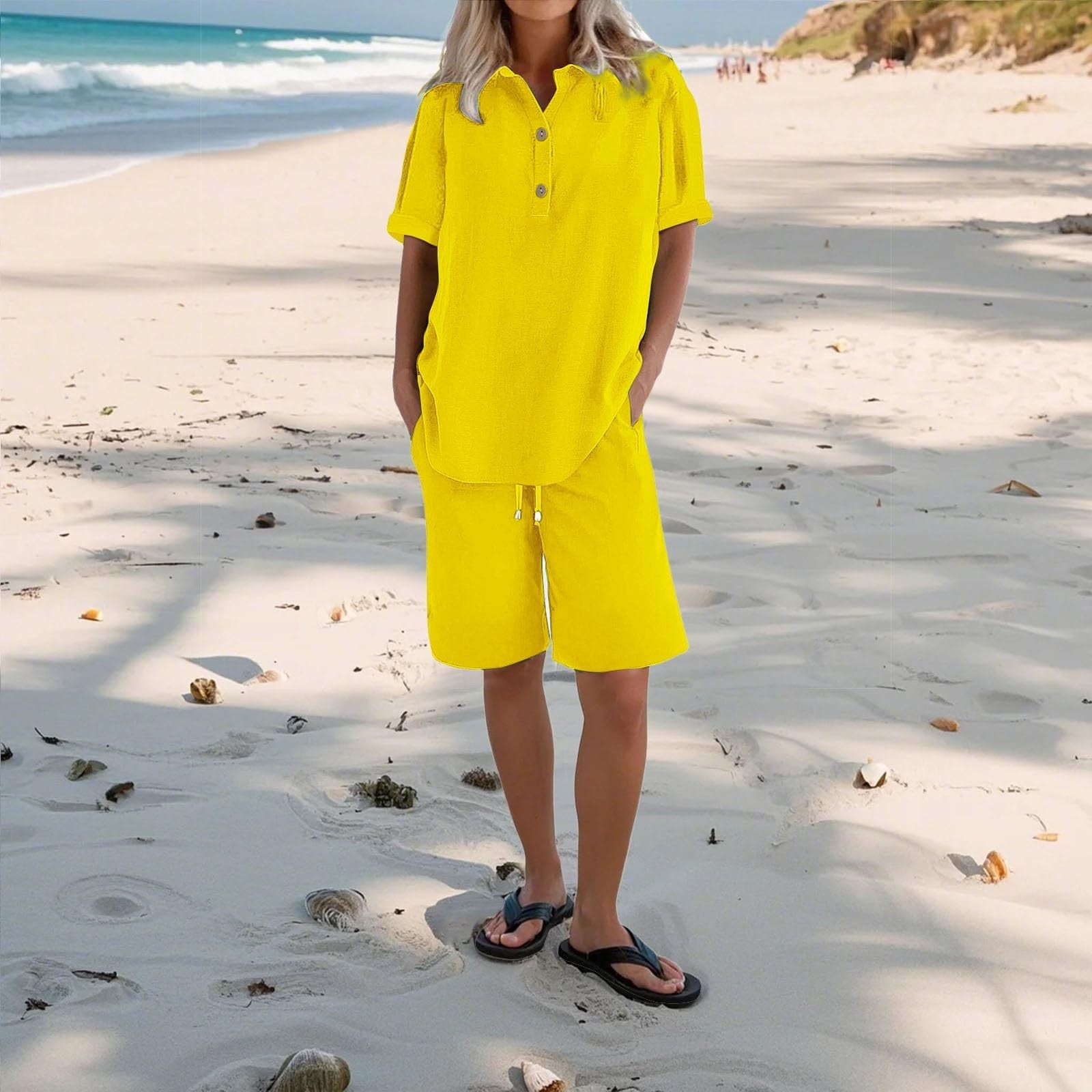 Bbyeadc 2 Piece Sets for Women Short Sleeve V Neck Linen T-Shirt ...